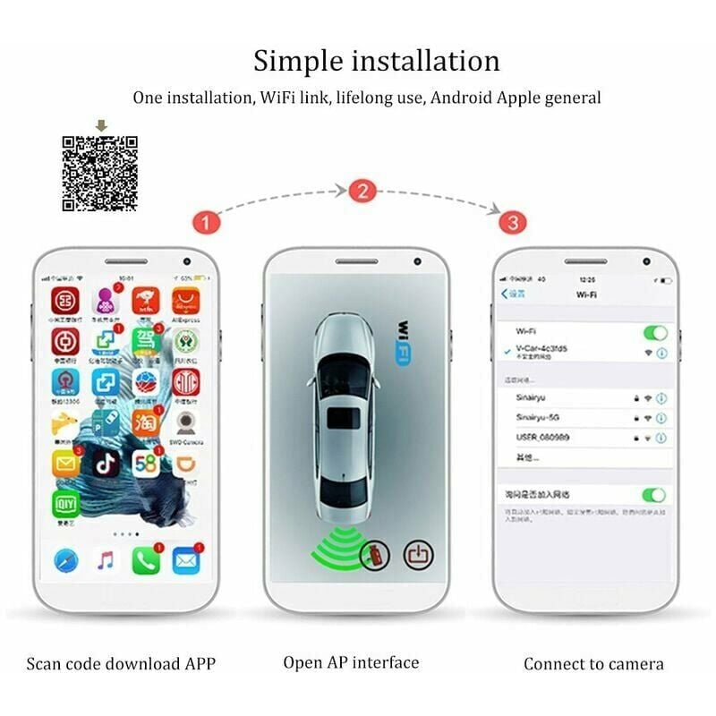 Tolatókamera, vezeték nélküli, HD, WiFi átvitellel, IP67 vízálló LCD ...