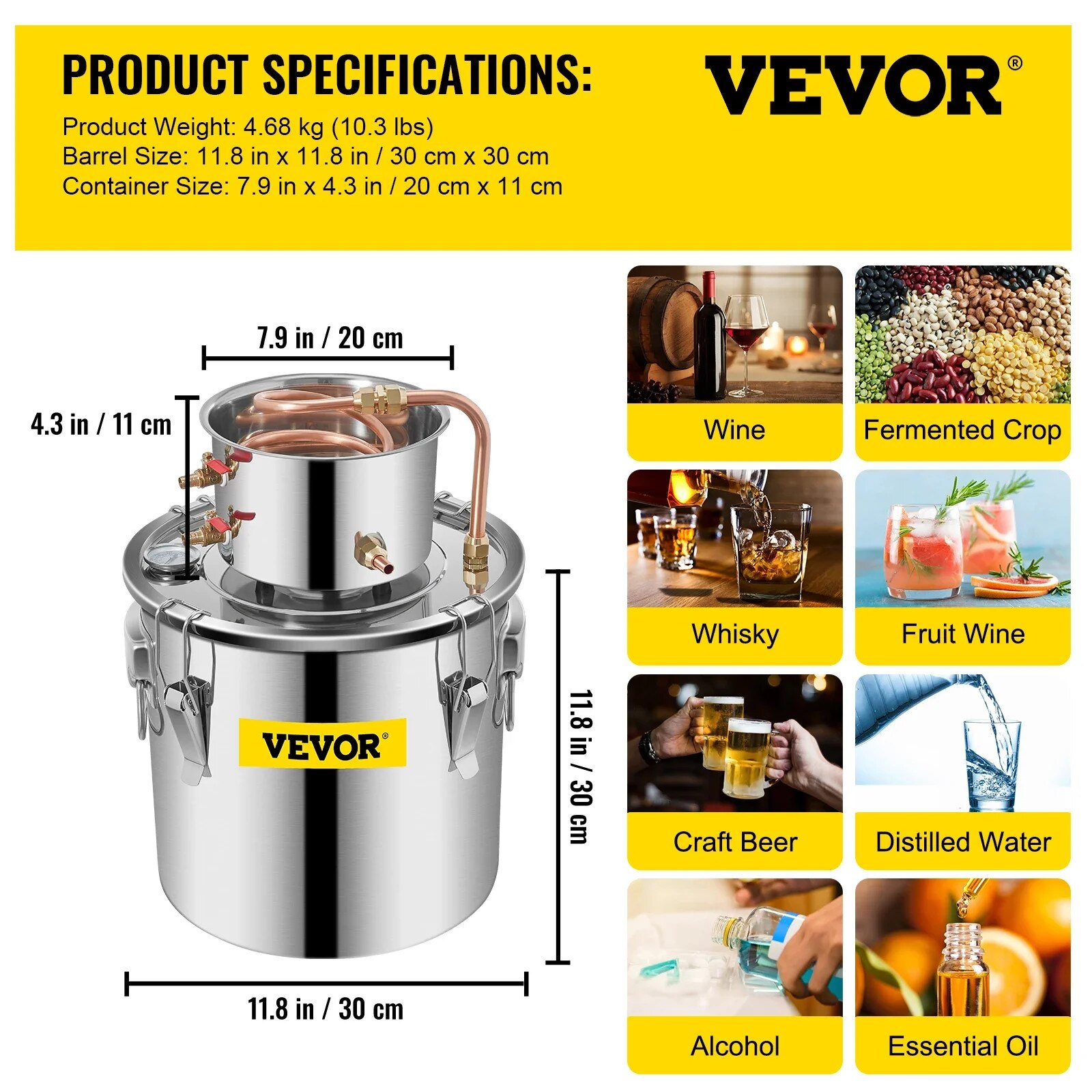 Distilator alcool VEVOR 20L inox cupru, automat, design usor de curatat ...
