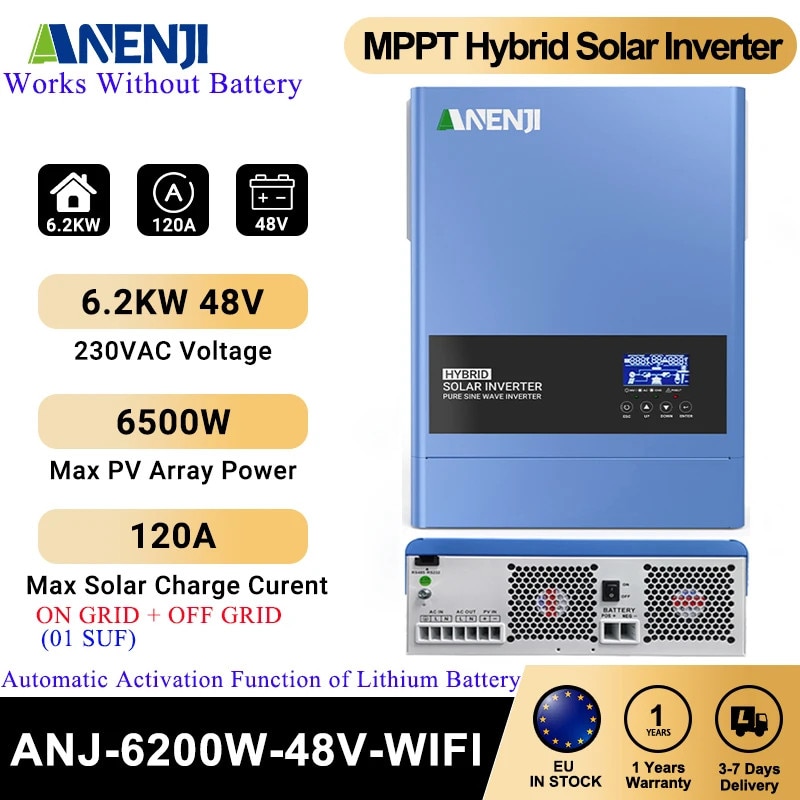 Invertor solar hibrid ANJ-6200W 48V WIFI, 6500W, 120A, unda sinusoidala ...
