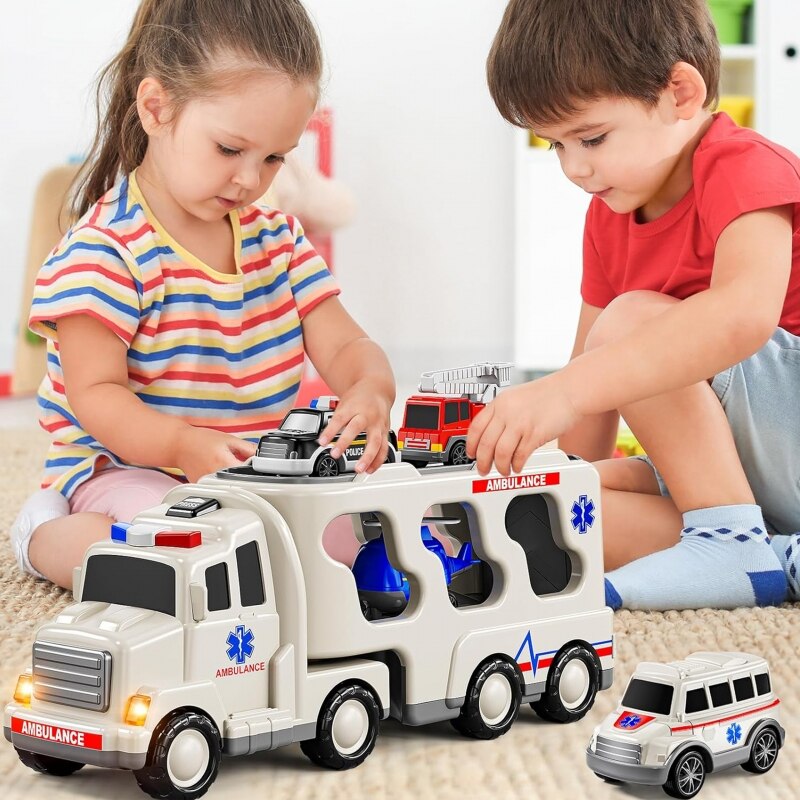Set Camion Ambulanta pentru Urgente cu sunete si lumini + 4 vehicule de ...