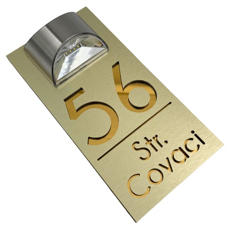 Placă număr casă, Aluminiu Periat Auriu cu Oglindă, 30x15cm, lampa ...