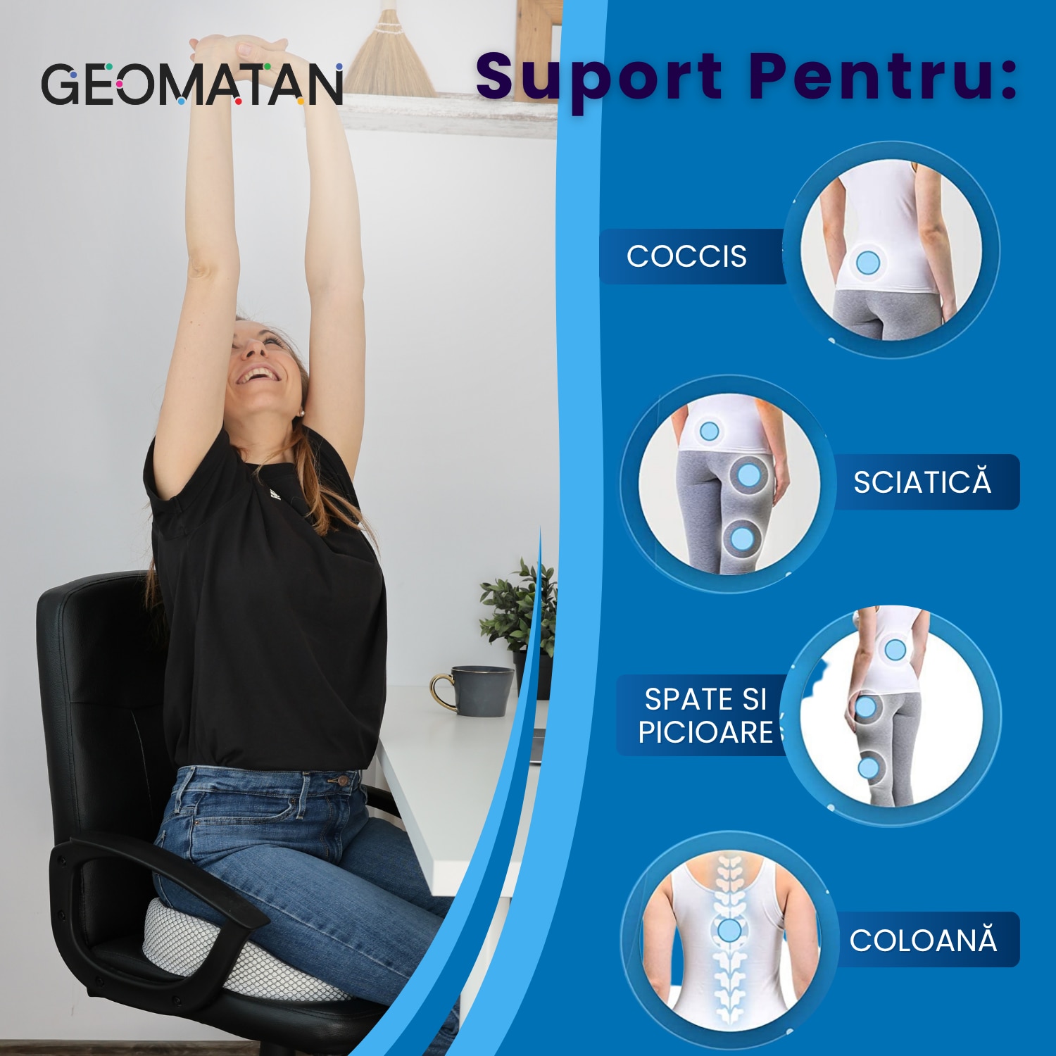 Perna ortopedica sezut GEOMATAN® si Sac de Transport, Spuma cu memorie ...