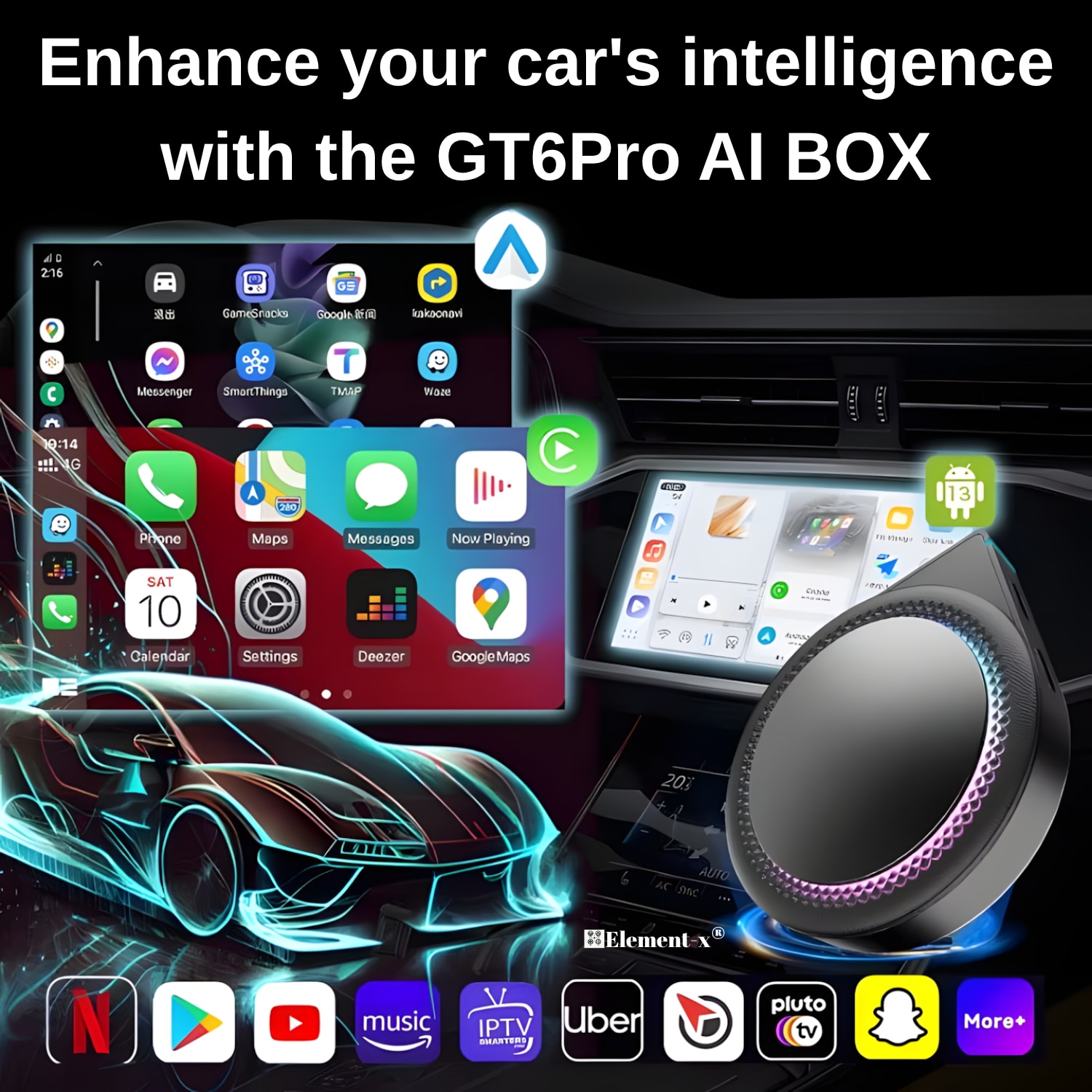 Wireless AI Box Element-x® GT6 Pro автомобилен адаптер, Android 13 ...