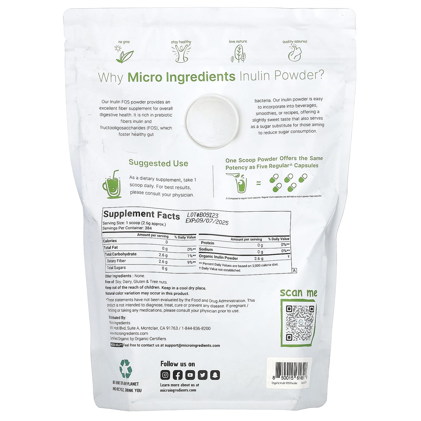 Micro Ingredients, pudra de inulina organica, fara aroma, 998 g - eMAG.ro