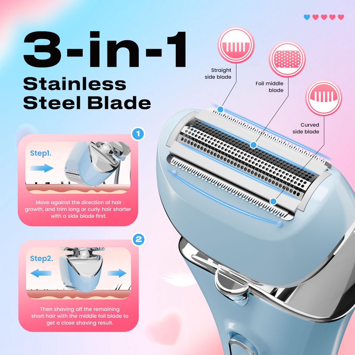 Epilator electric pentru femei, reincarcabil, 3 tipuri de lame ...