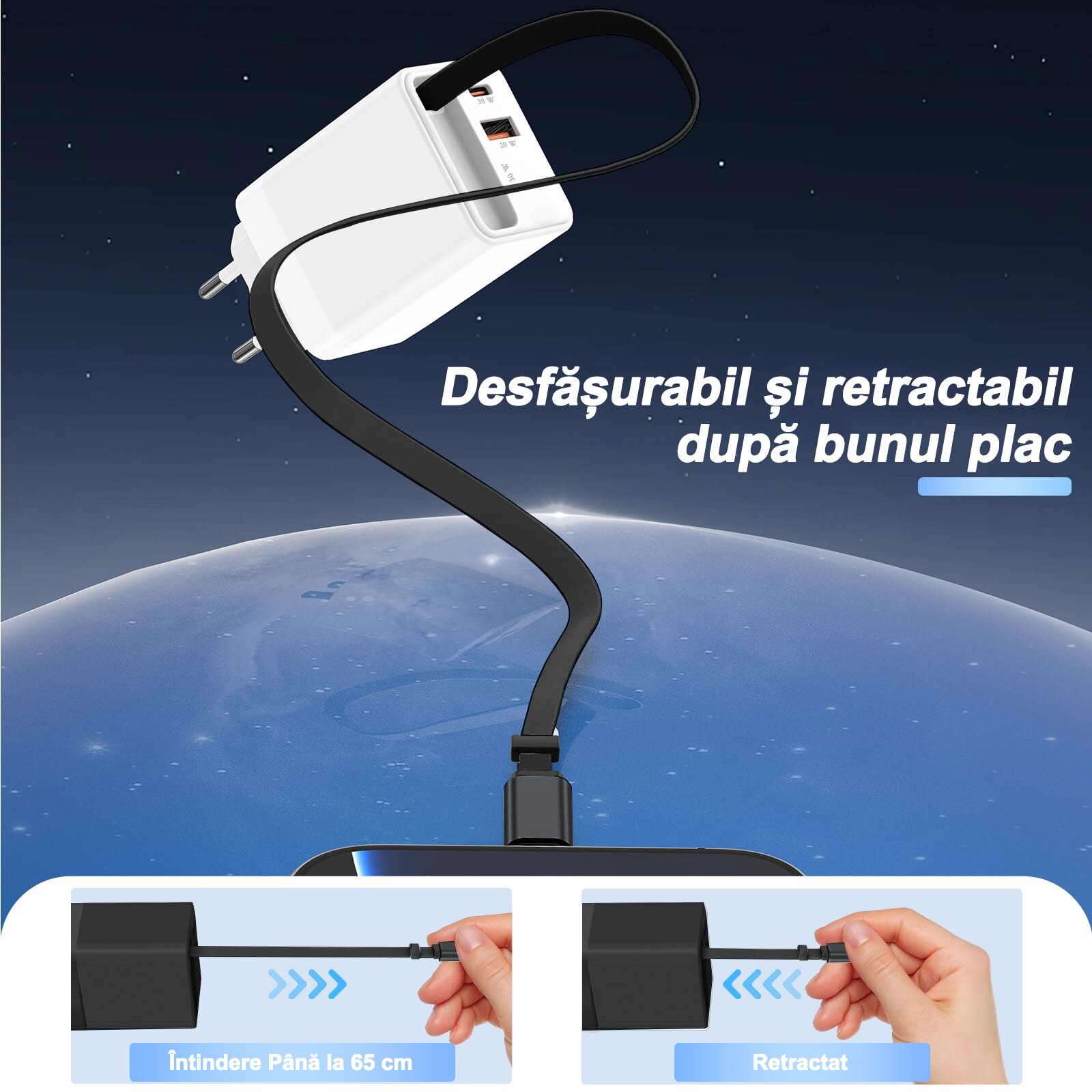 Incarcator Super Fast Charge, FOSMET®, 80W 3 in 1, 1 x USB, 2 x Type-C ...