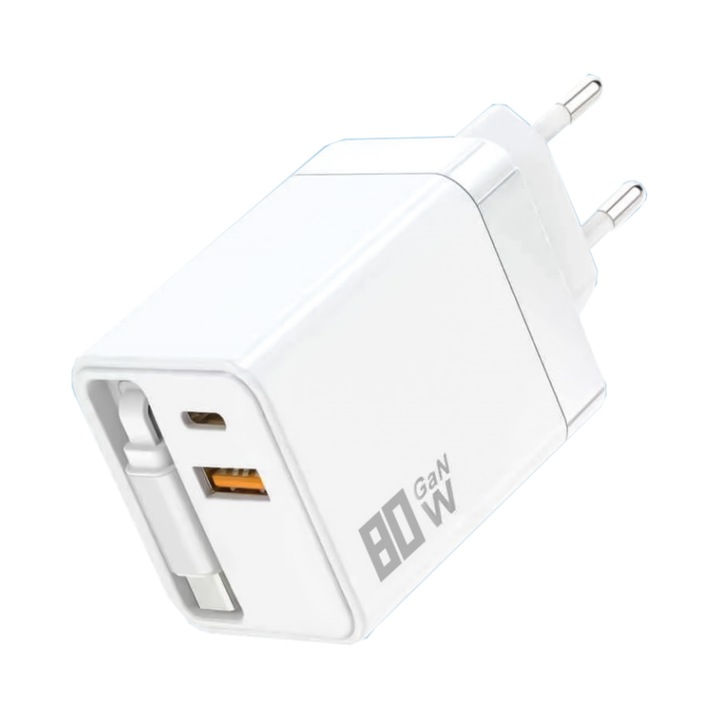 Incarcator Super Fast Charge, FOSMET®, 80W 3 in 1, 1 x USB, 2 x Type-C ...