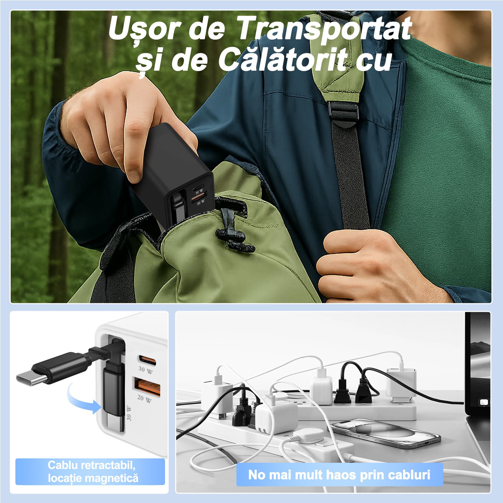 Incarcator Super Fast Charge, FOSMET®, 80W 3 in 1, 1 x USB, 2 x Type-C ...