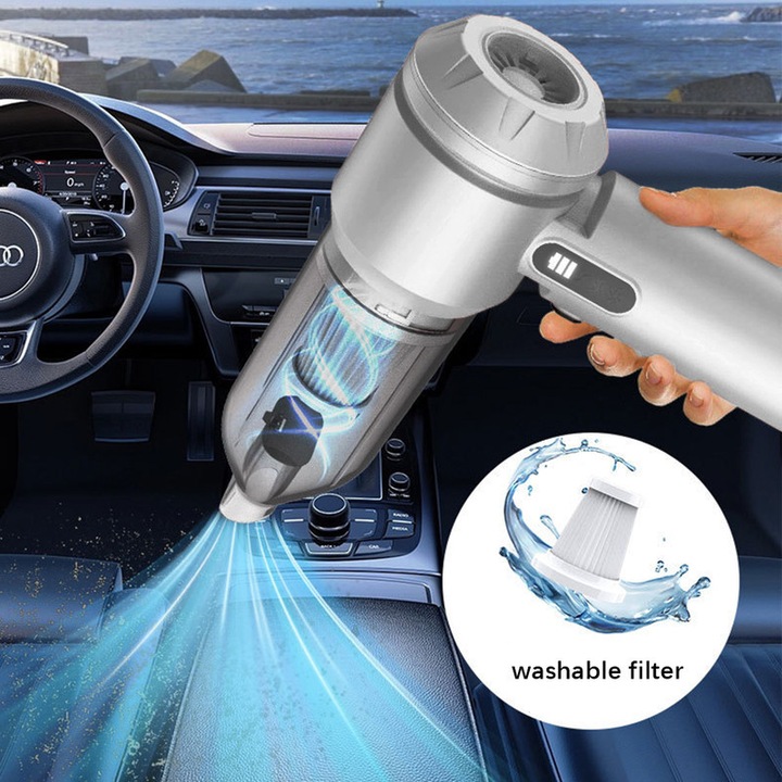 Aspirator auto fara fir 2 in 1, 17000PA, 6000mAh, 7 duze, argintiu ...