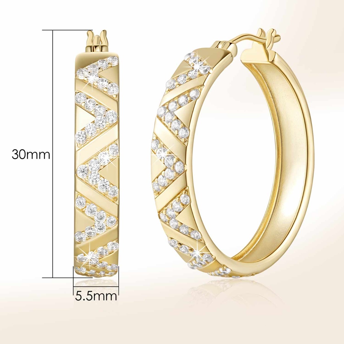 Cercei aur rotunzi 14K cu design zig-zag si zirconii cercei aur dama ...