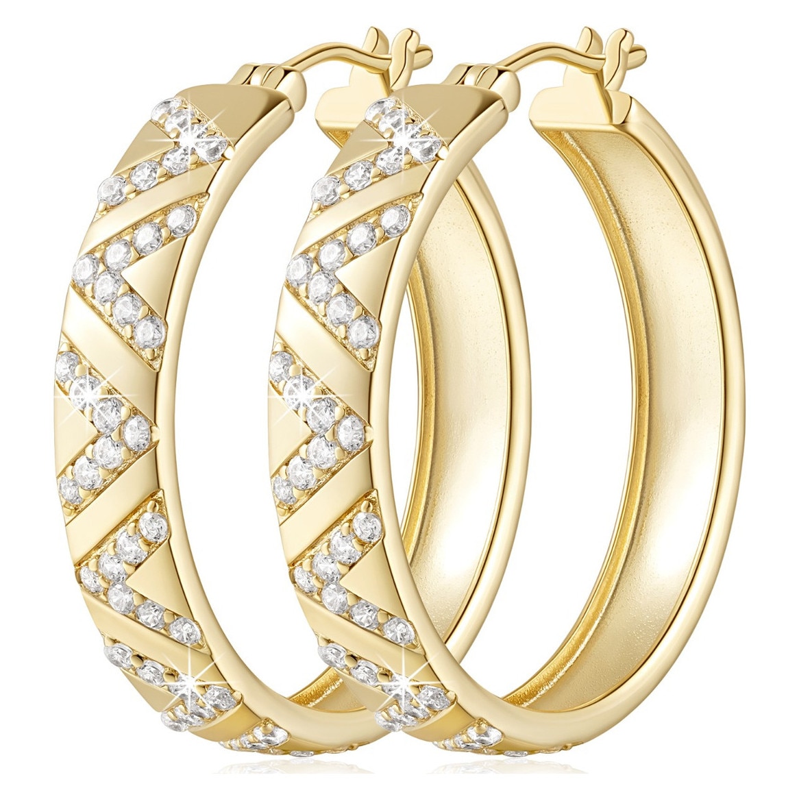 Cercei aur rotunzi 14K cu design zig-zag si zirconii cercei aur dama ...
