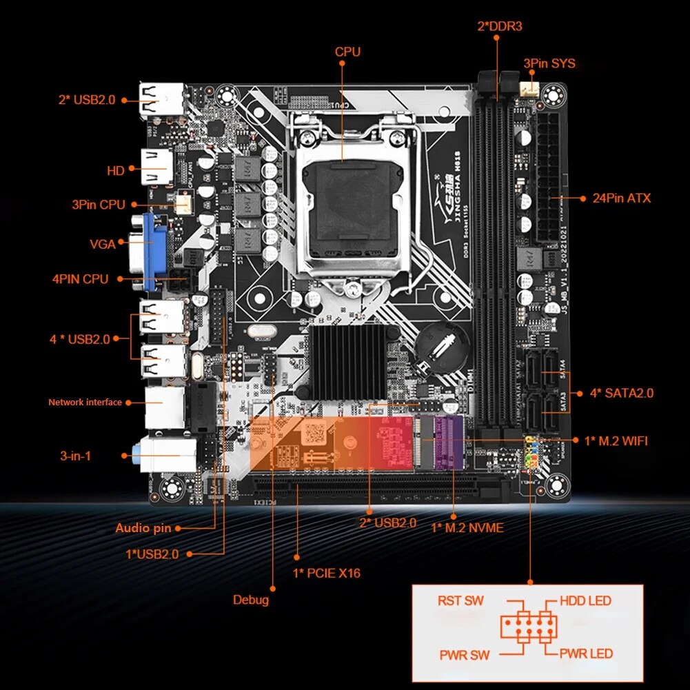 H61S mini-ITX alaplap 2*DDR3 16GB LGA 1155, támogatja az M.2 NVMe, VGA ...