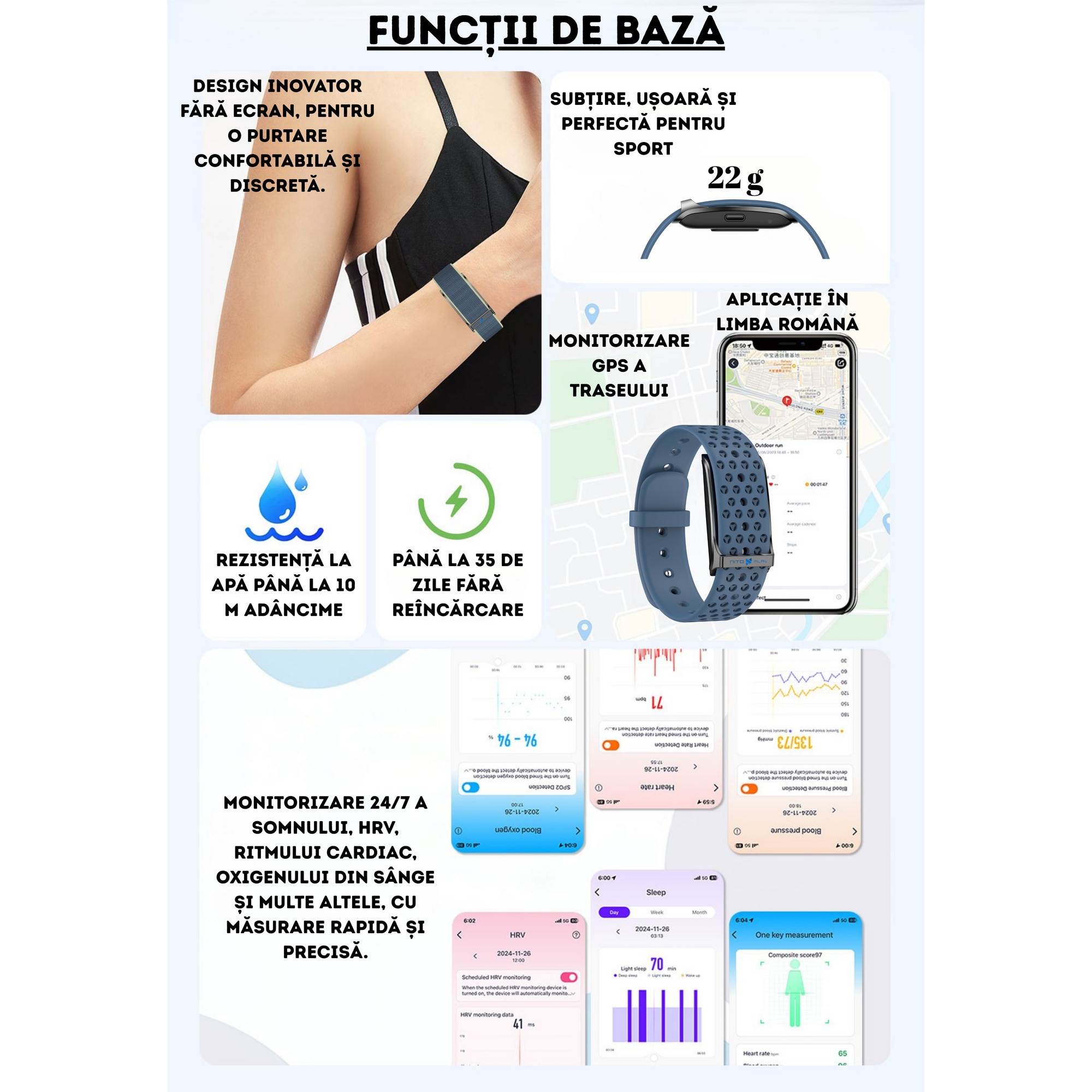 Bratara Smart Fitness Inteligenta Nitoplay®, 2 Curele Blue, Bluetooth, GPS, Android/iOS, Meniu ...