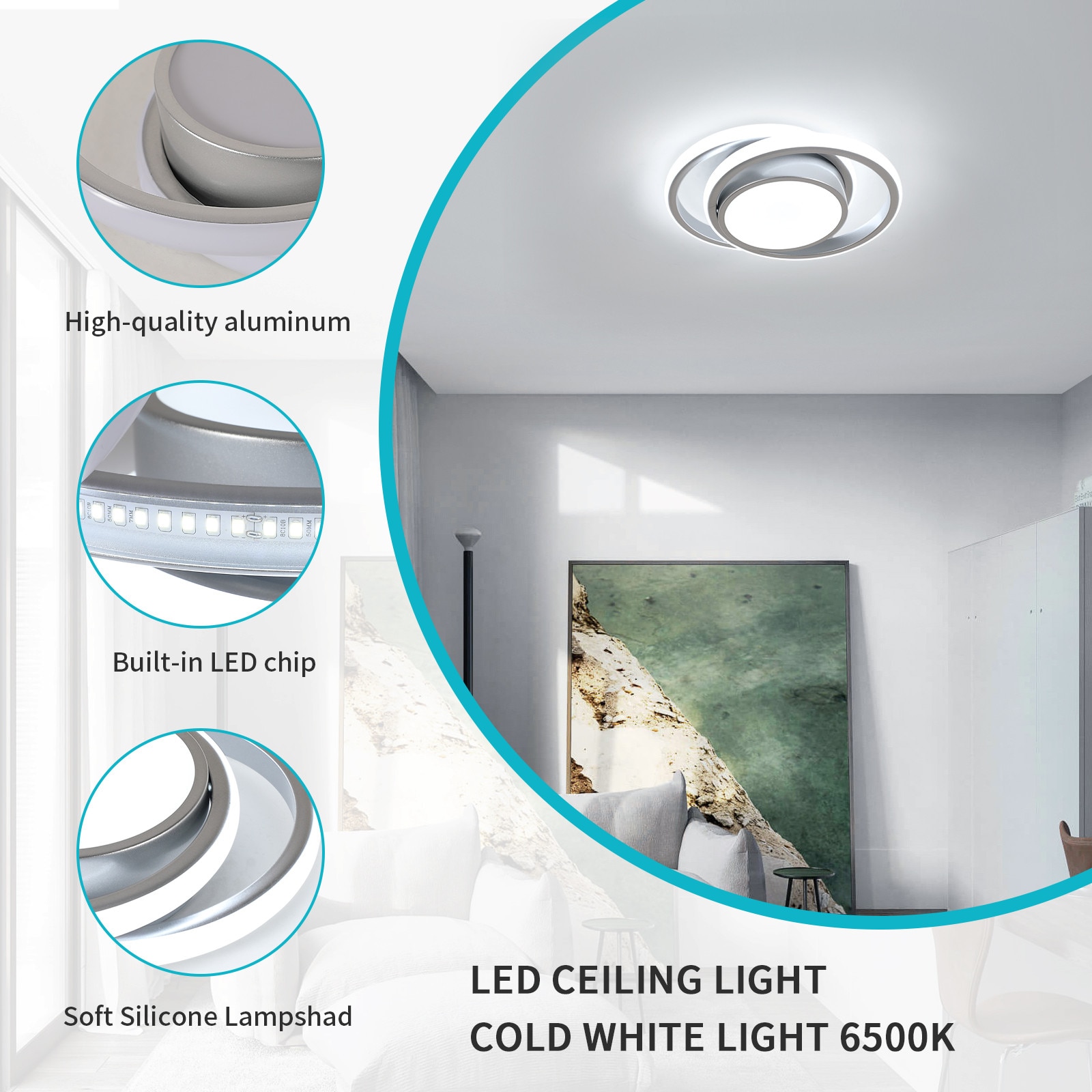 Lampa de tavan LED, Goeco, Argint, Moderna, 32W, Lumina Rece 6500K ...