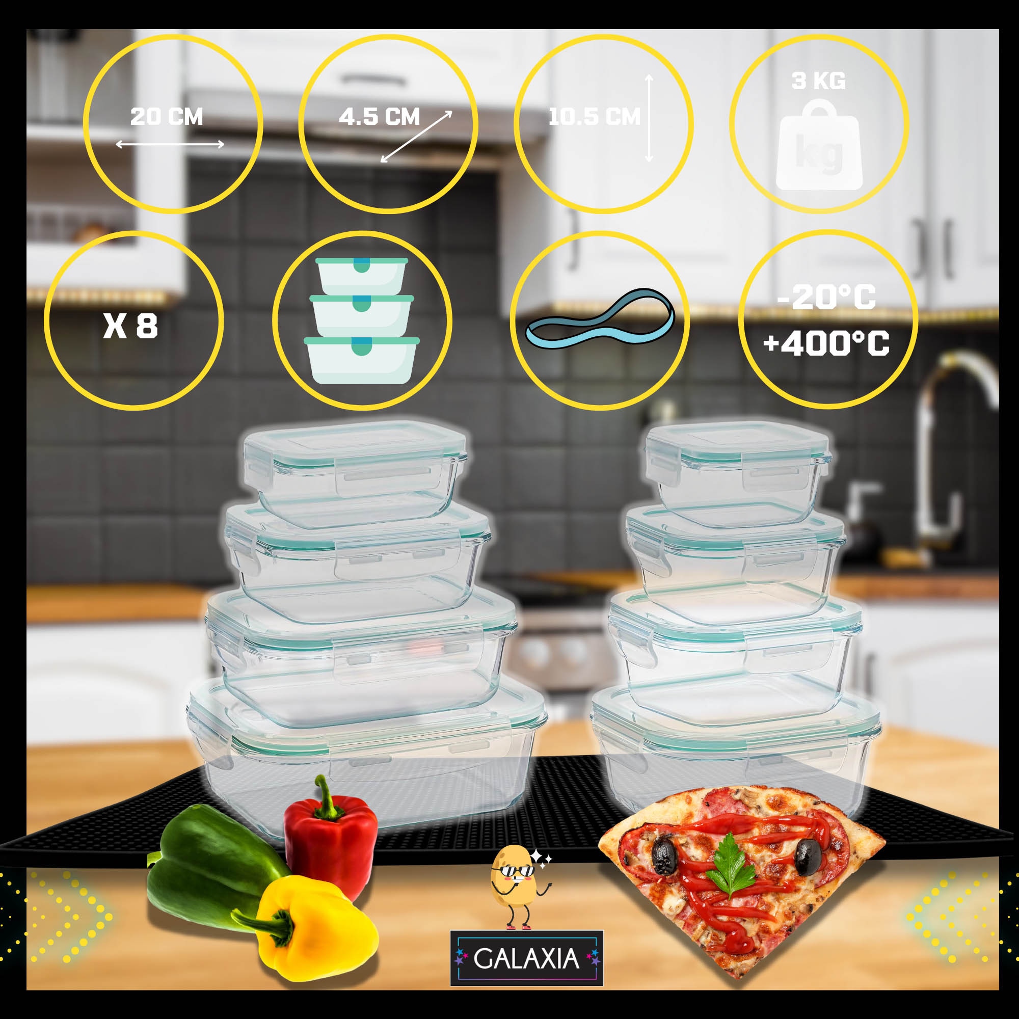 Set caserole 8 compartimentate din sticla, Cutii alimentare GALAXIA ...