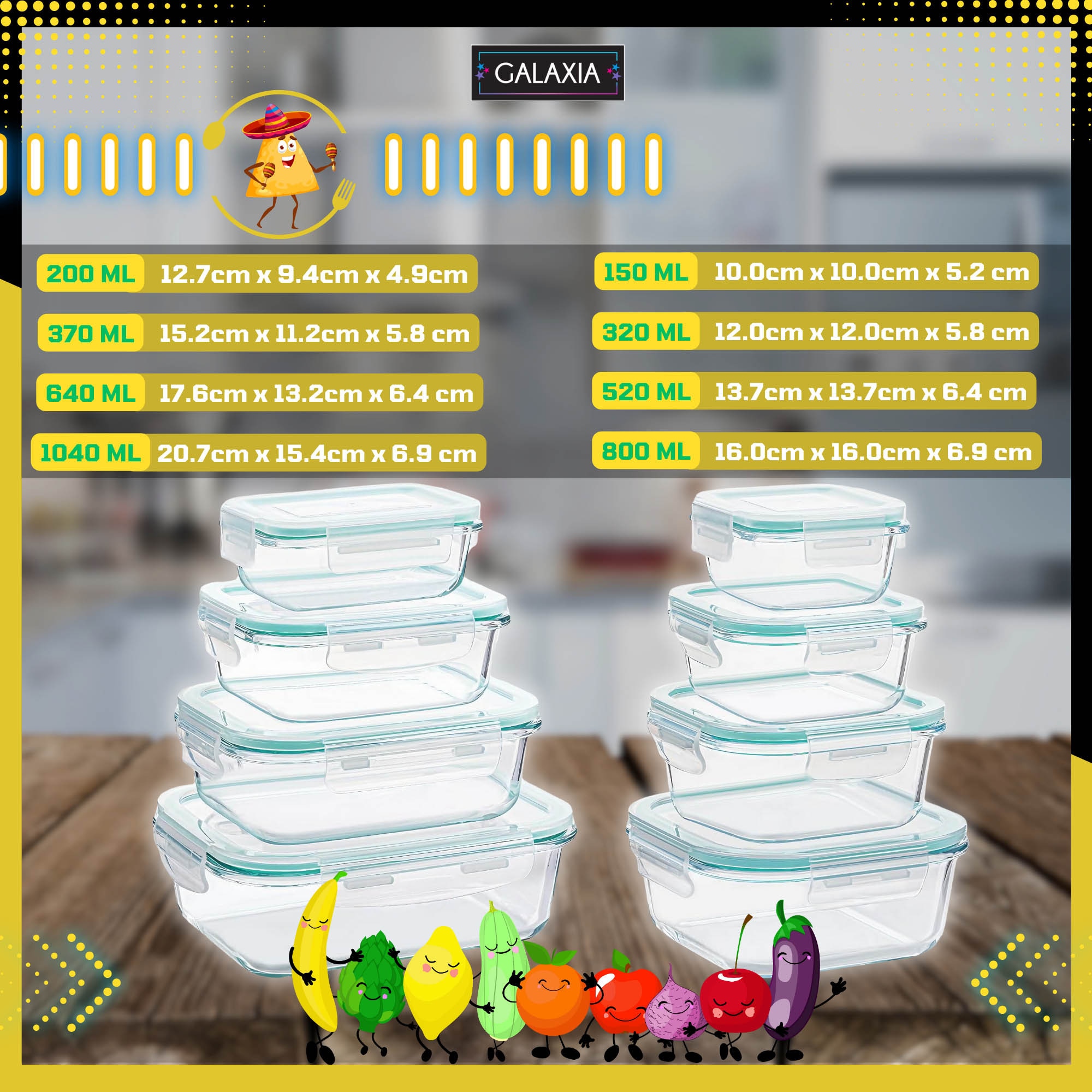 Set caserole 8 compartimentate din sticla, Cutii alimentare GALAXIA ...