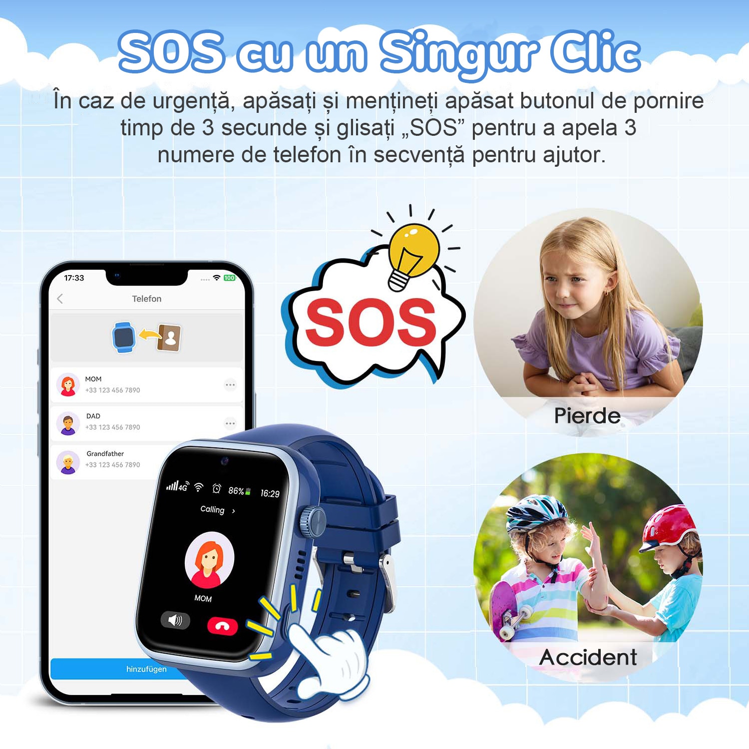 Ceas smartwatch copii 4G GPS FOSMET®, Ecran HD de 1, 83 inchi, WiFi ...