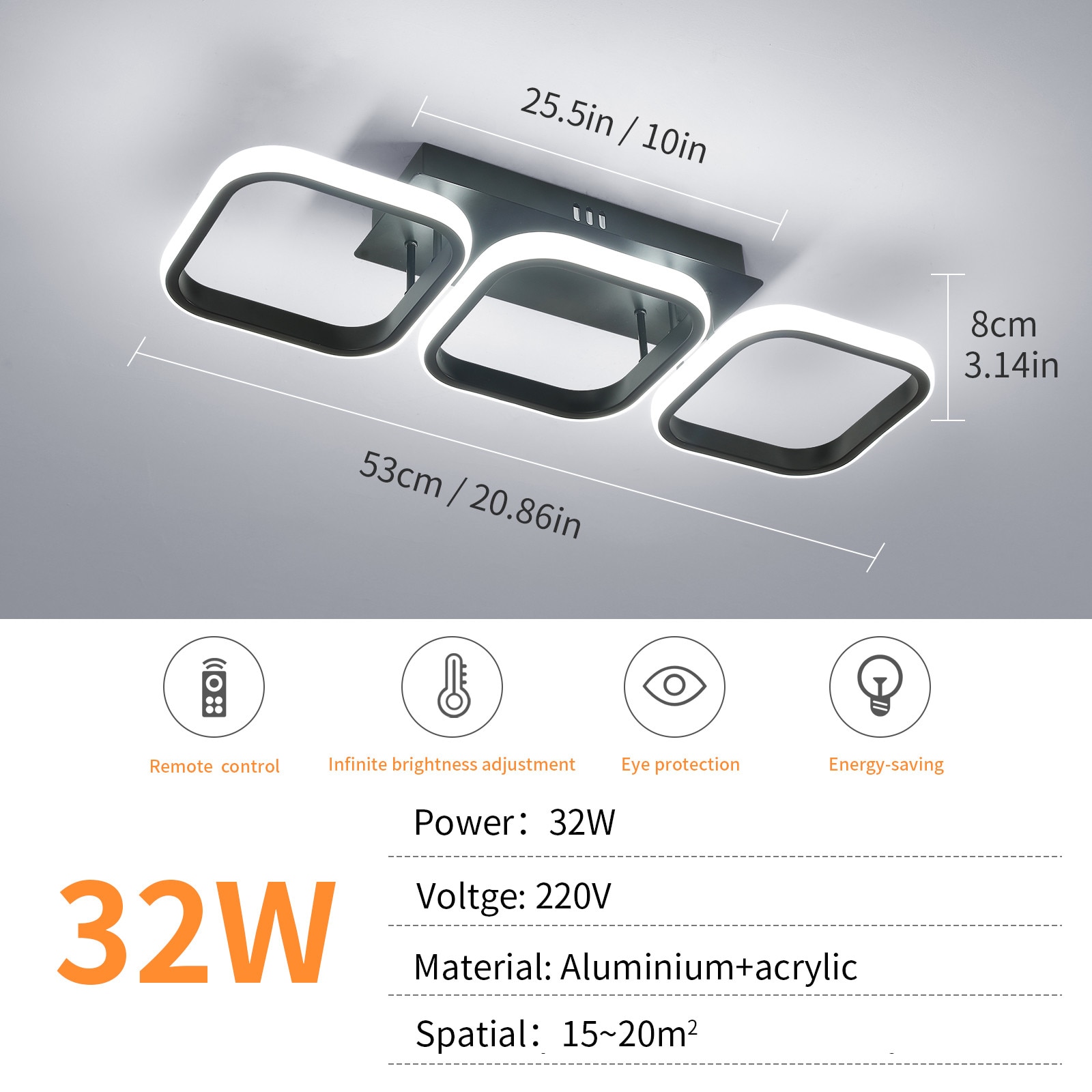 Lampa de tavan LED, Goeco, Neagra, Patrata cu trei capete, 32W, Reglare ...