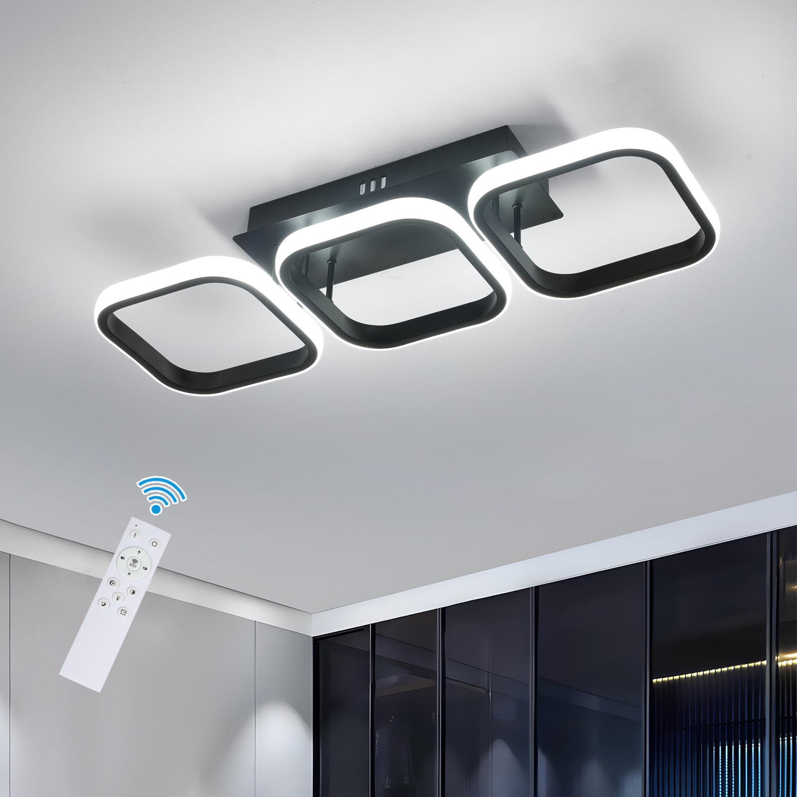 Lampa de tavan LED, Goeco, Neagra, Patrata cu trei capete, 32W, Reglare ...