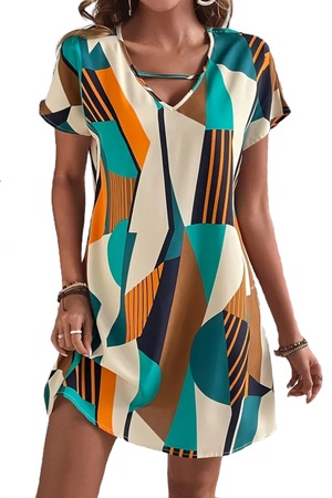 Rochie scurta de vara, print geometric, maneci scurte, croi in A ...