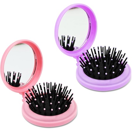 Perie de par mini rotunda cu oglinda, set 2 bucati, design pliabil ...