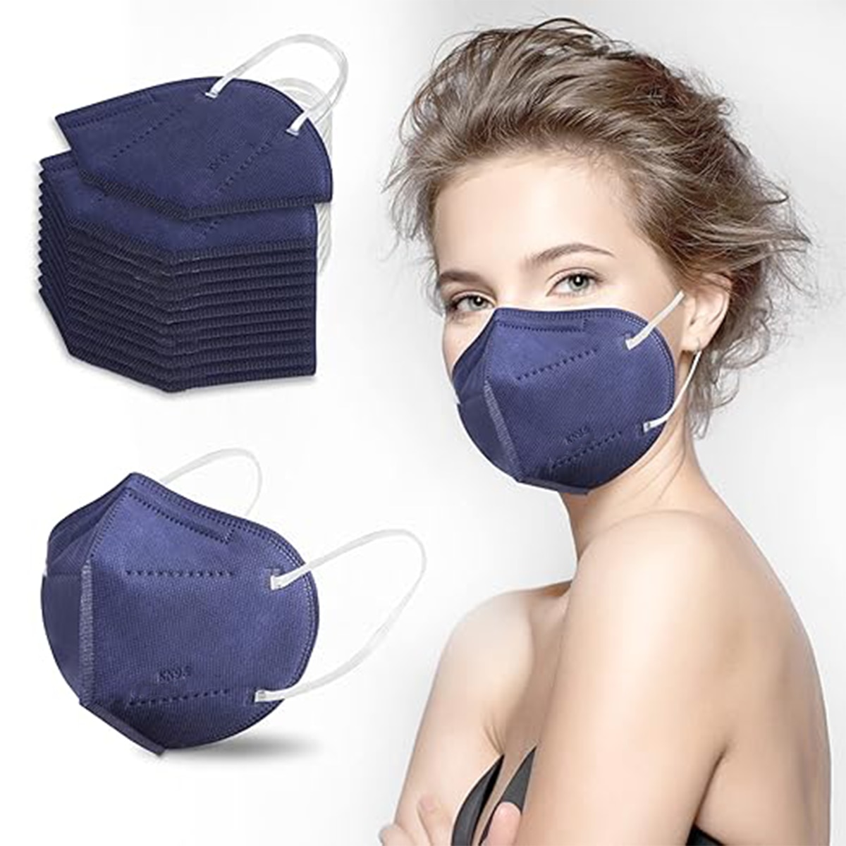 10 masti de protectie FFP2, 5 straturi, KN95, FFP2, Albastru inchis ...
