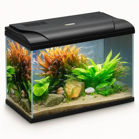 Acvariu sticla 50 litri cu capac, filtru si iluminare LED, 58.5x30x39 ...