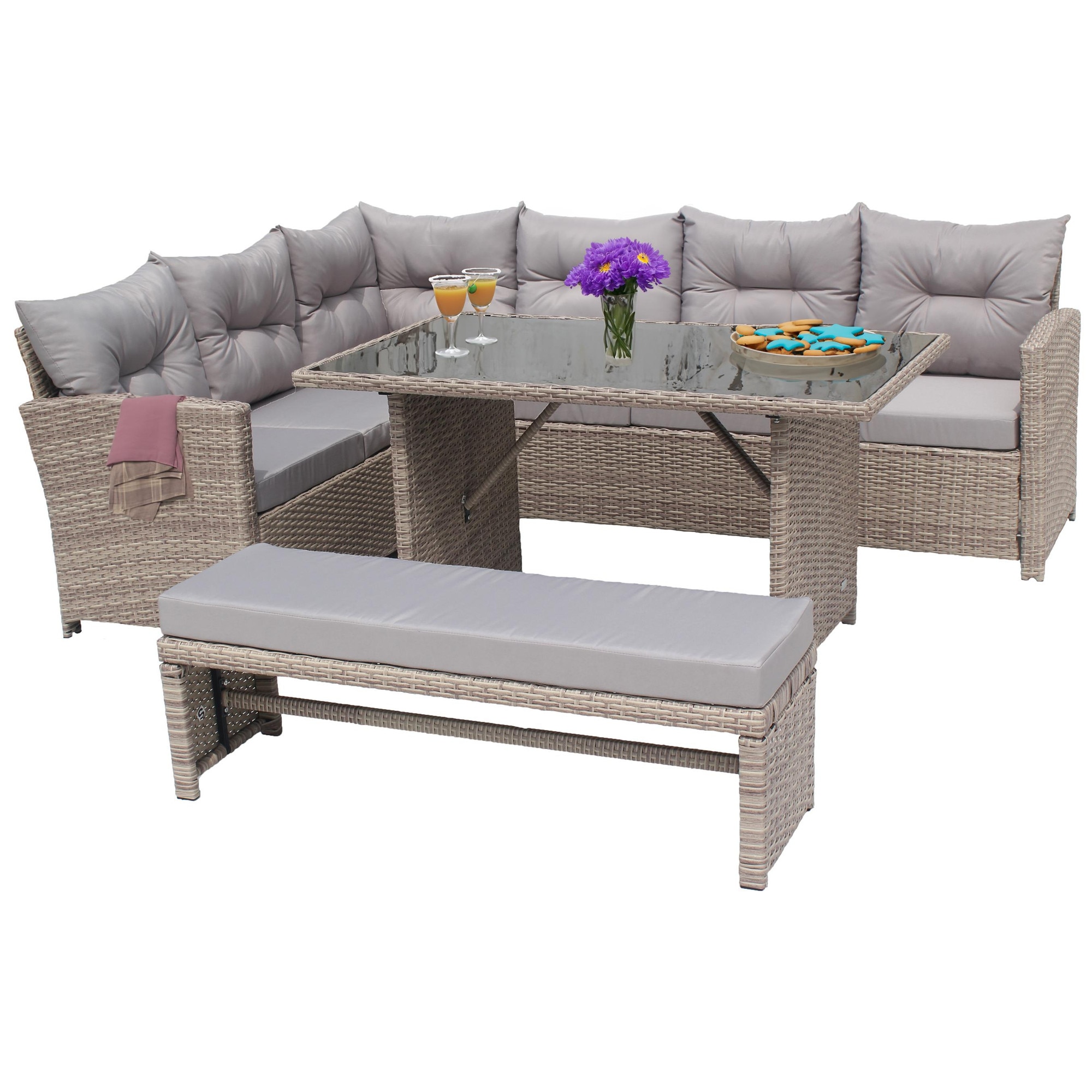 Set mobilier de gradinta DeHome Zafir 550 Coffee, 8 locuri, coltar, masa si banca, design modern ...