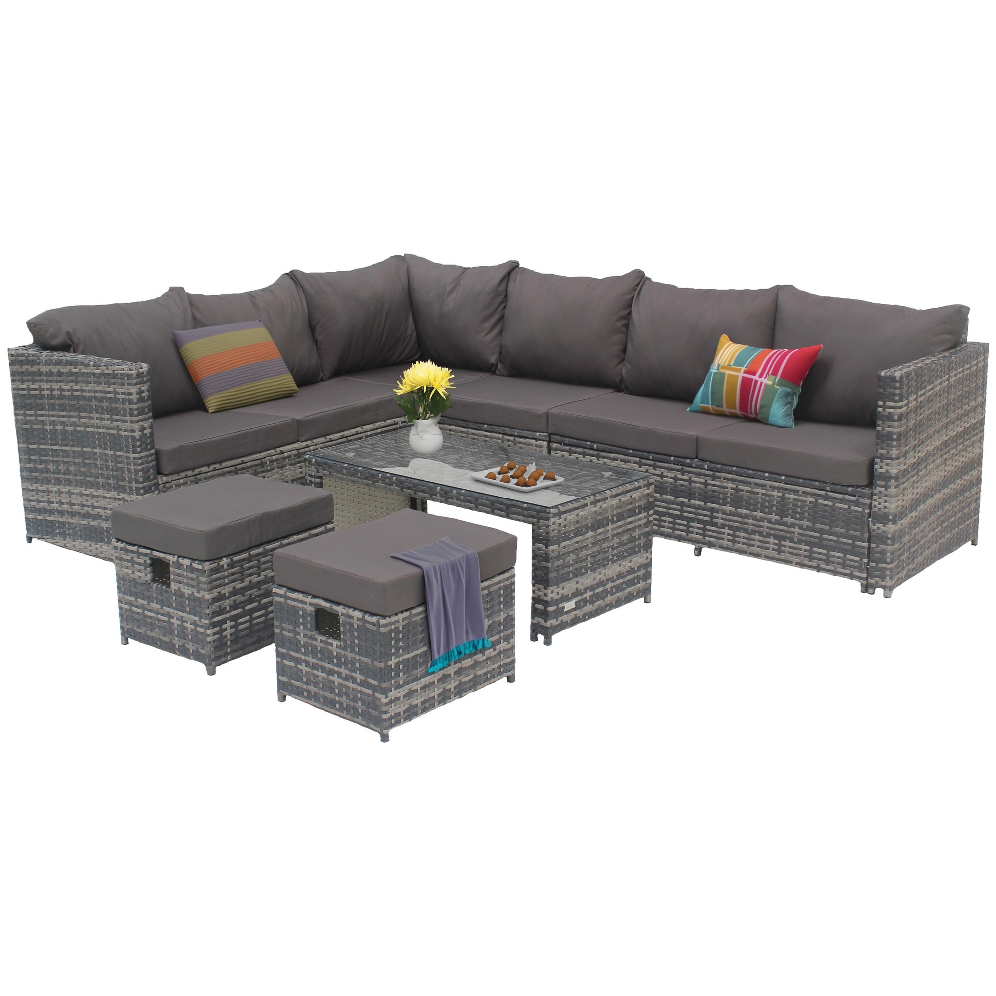 Set mobilier de gradina DeHome Zafir 590 Gray, 8 locuri, coltar, masa, tabureti, design modern ...