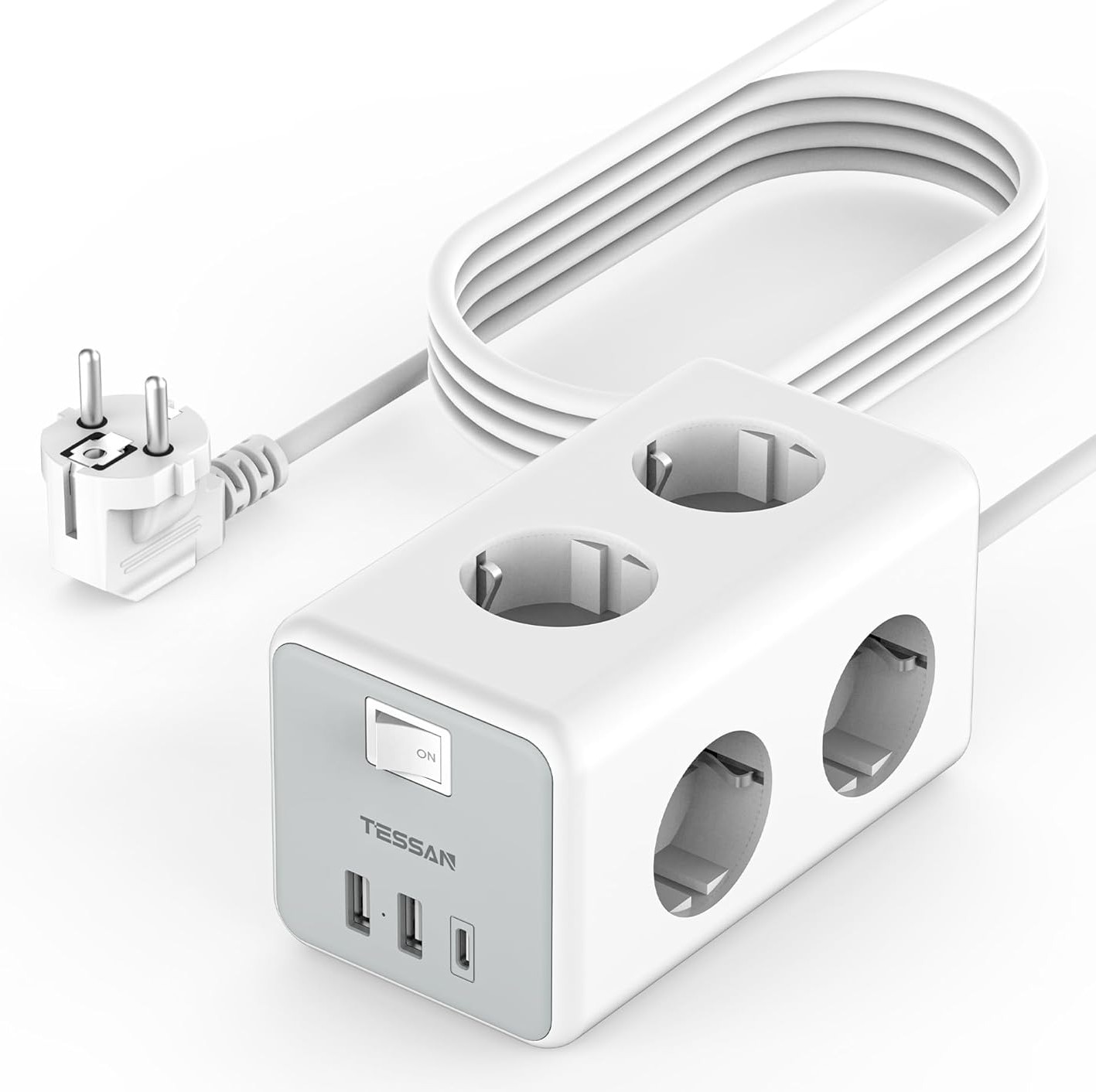 Prelungitor TESSAN TS-306-C, 6 prize, 2xUSB-A, 1xUSB-C, 3A, 3600W ...