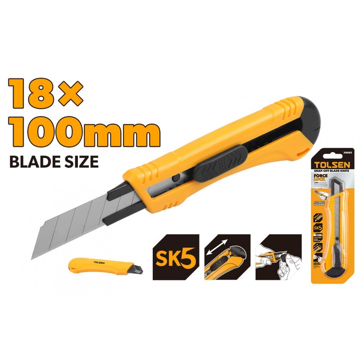 Cutter TOLSEN cu lama detasabila 18x100mm, maner ergonomic ABS ...