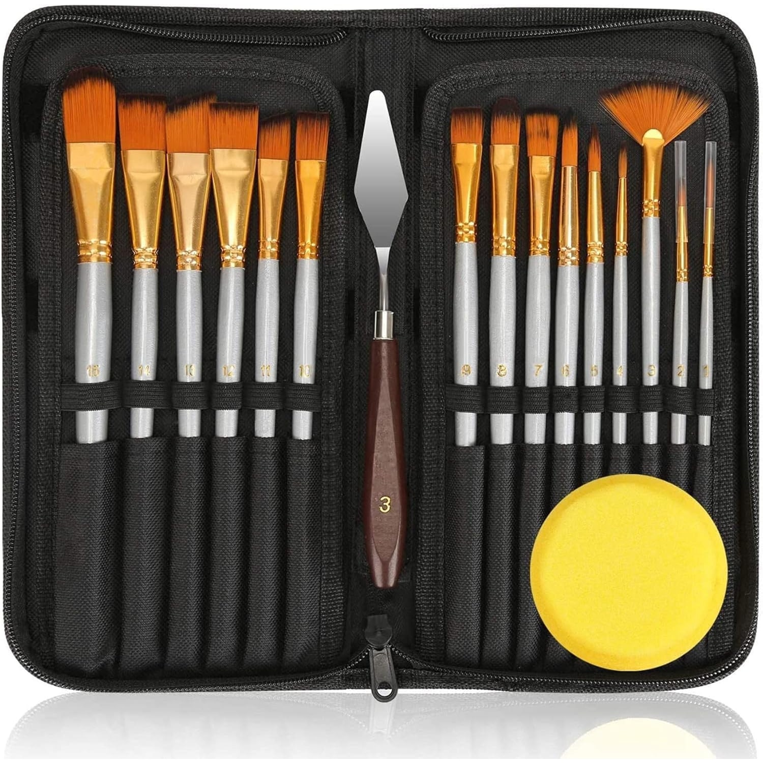 Set pensule profesionale pentru pictura, 15 pensule din nylon, paleta ...