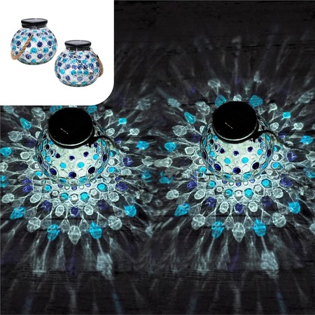 Set de 2 felinare solare din sticla albastra, efect mozaic, 15x14.5cm ...