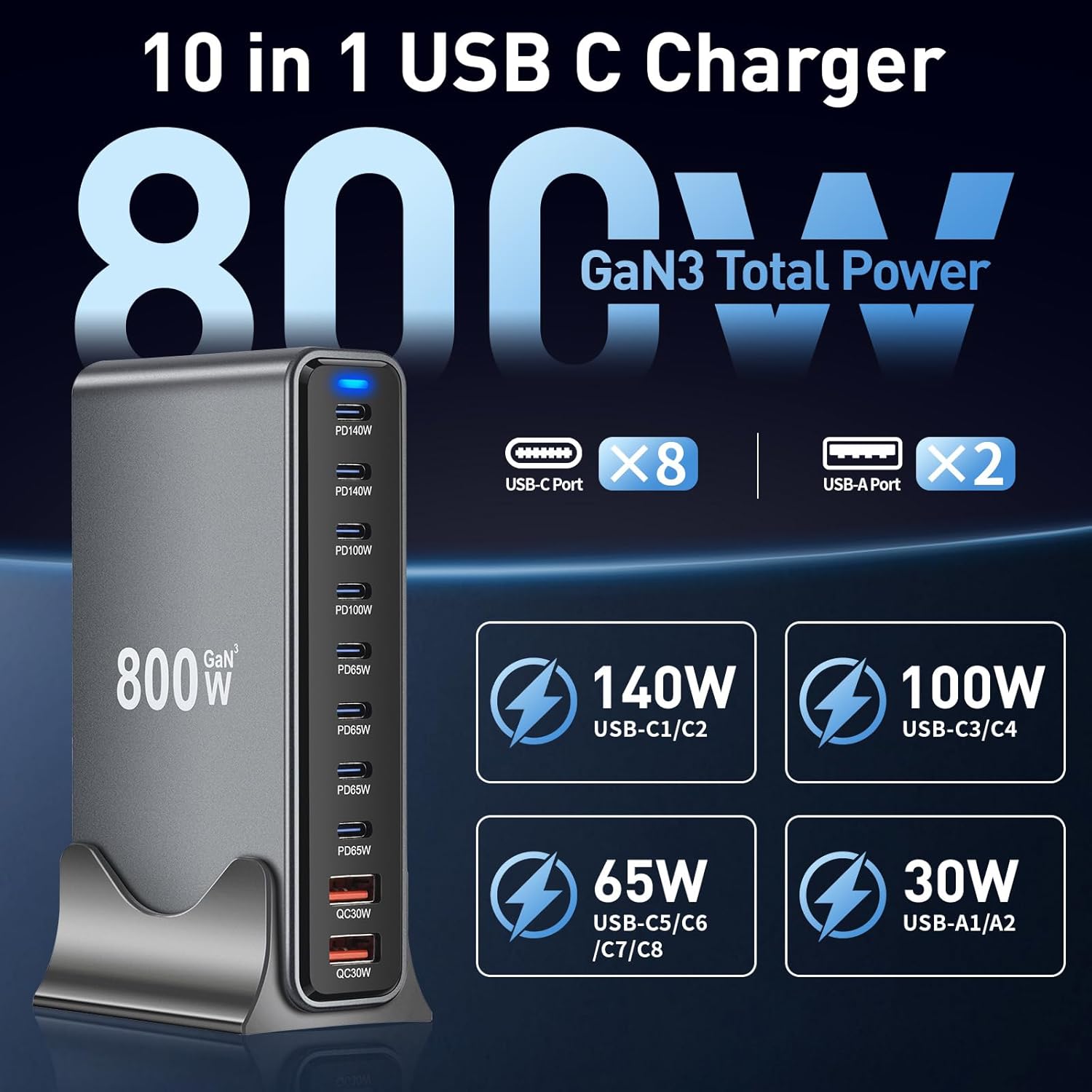 Set Incarcator USB-C GaN3 800W TechEeee + 2 Adaptoare USB–USB-C OTG, 8x ...
