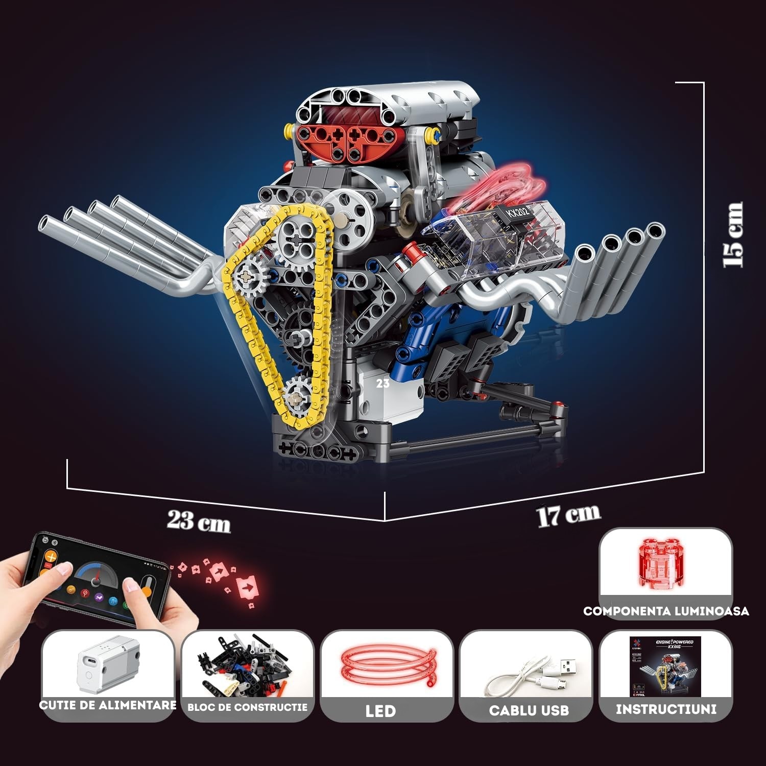 Set de constructie Motor V8 RaSteff®, Blocuri de construit, 665 Piese ...