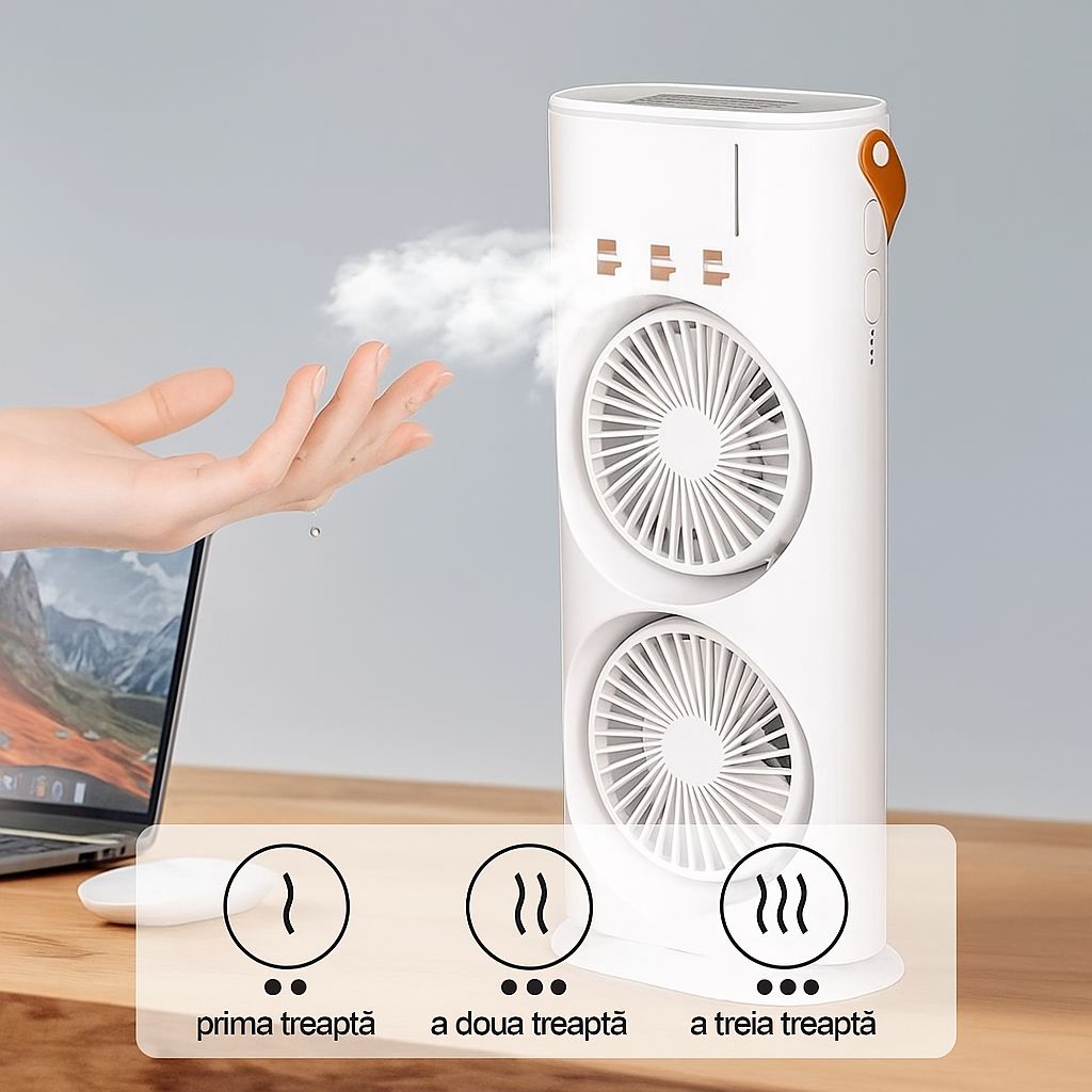 Ventilator Portabil cu Pulverizare Apa, 2 Ventilatoare, 3 Trepte Viteza ...
