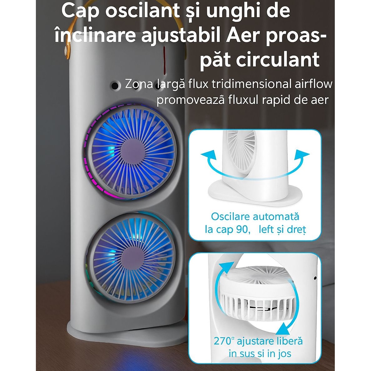 Ventilator Portabil cu Pulverizare Apa, 2 Ventilatoare, 3 Trepte Viteza ...