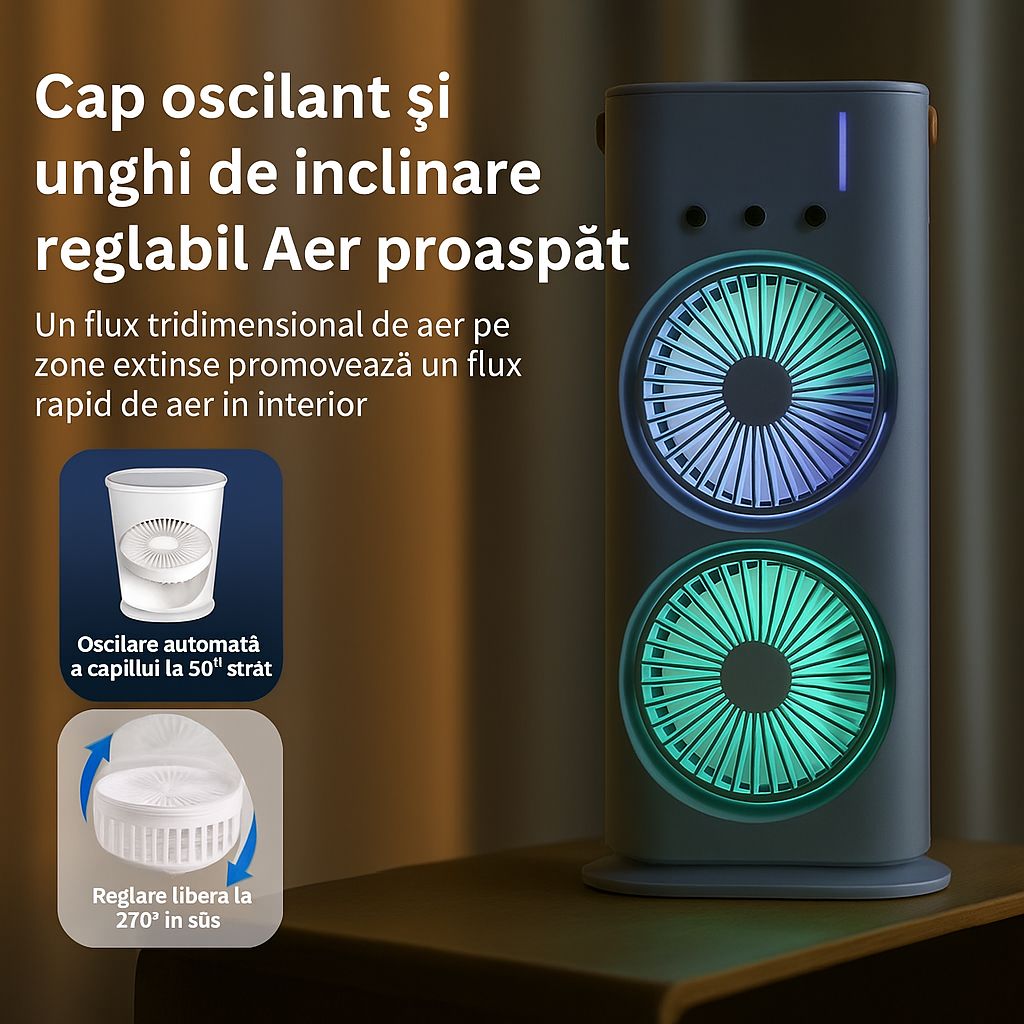 Ventilator Portabil cu Pulverizare Apa, 2 Ventilatoare, 3 Trepte Viteza ...