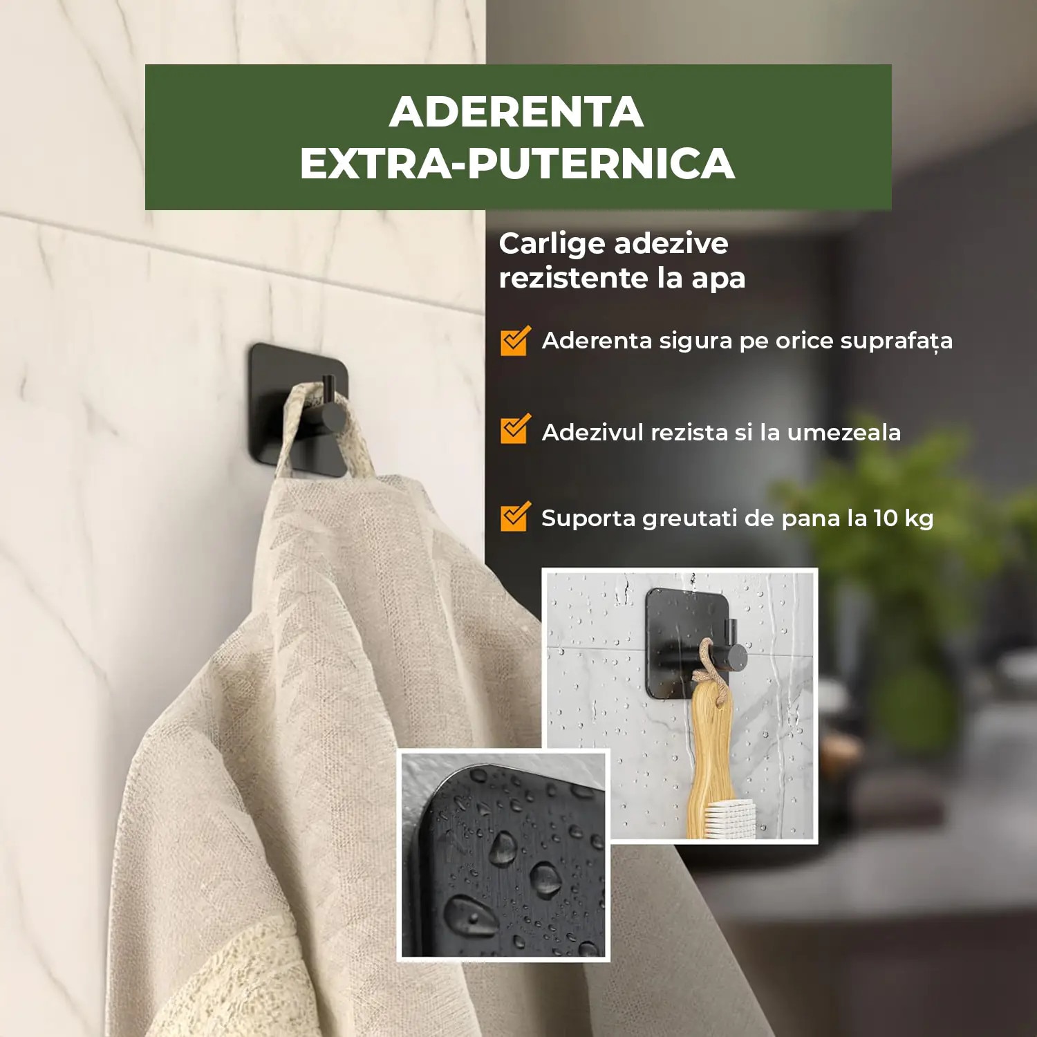Set 6 Carlige Autoadezive Elindor®, Otel Inoxidabil Negre, Design ...