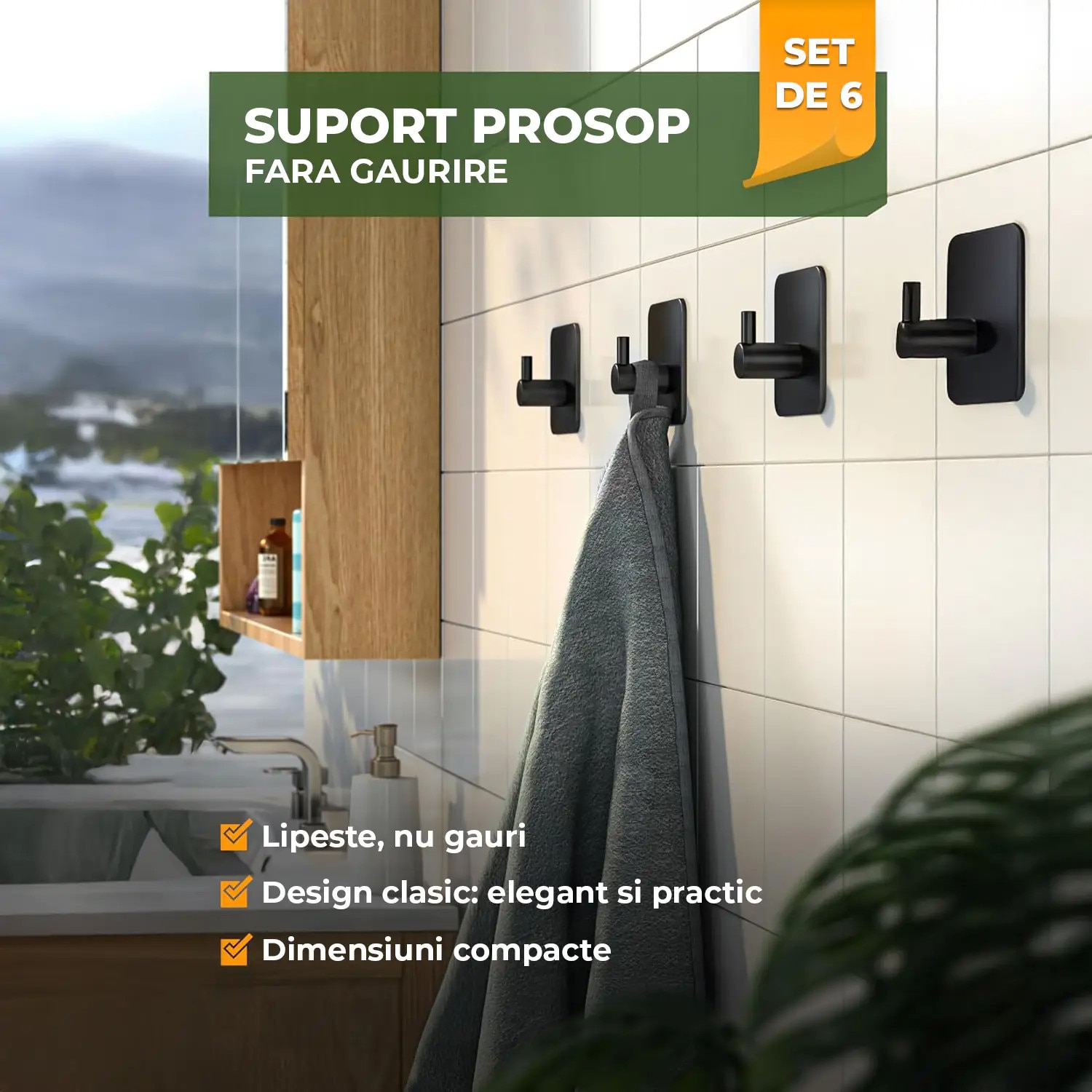 Set 6 Carlige Autoadezive Elindor®, Otel Inoxidabil Negre, Design ...