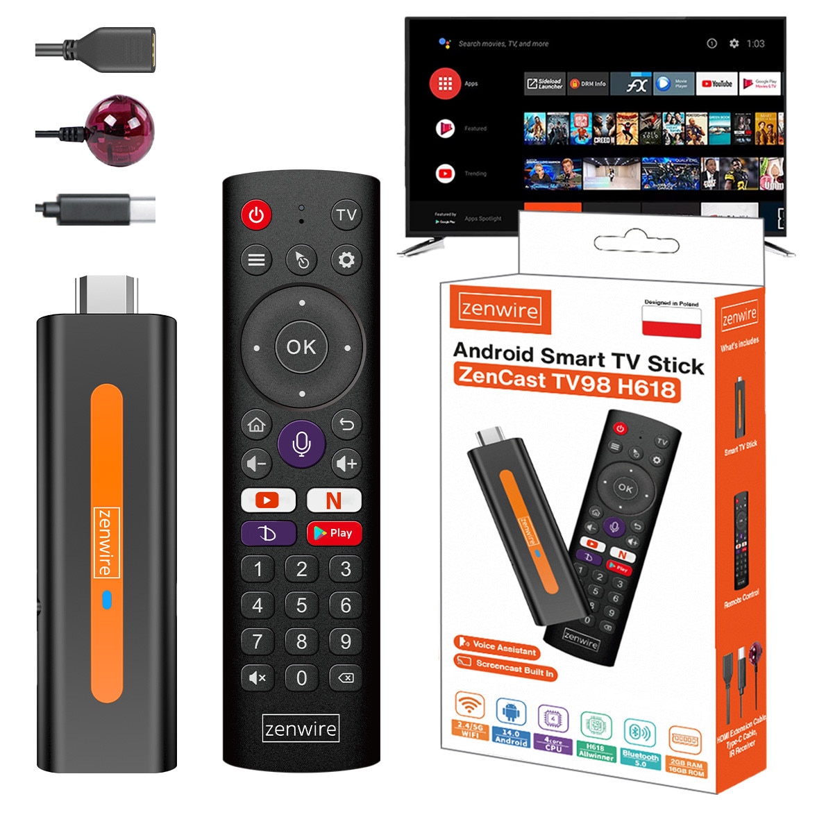 Mediaplayer, Zenwire, TV98 H618, TV Stick 4K, Android 14.0, HDMI 2.0 4K ...