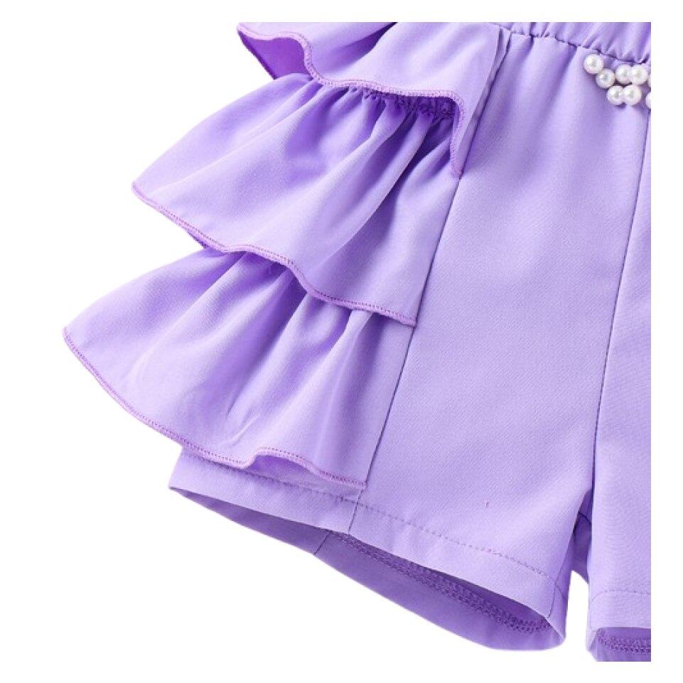 Set fete 2 piese maieu si pantaloni scurti mov cu volanase si perlute 5 ...
