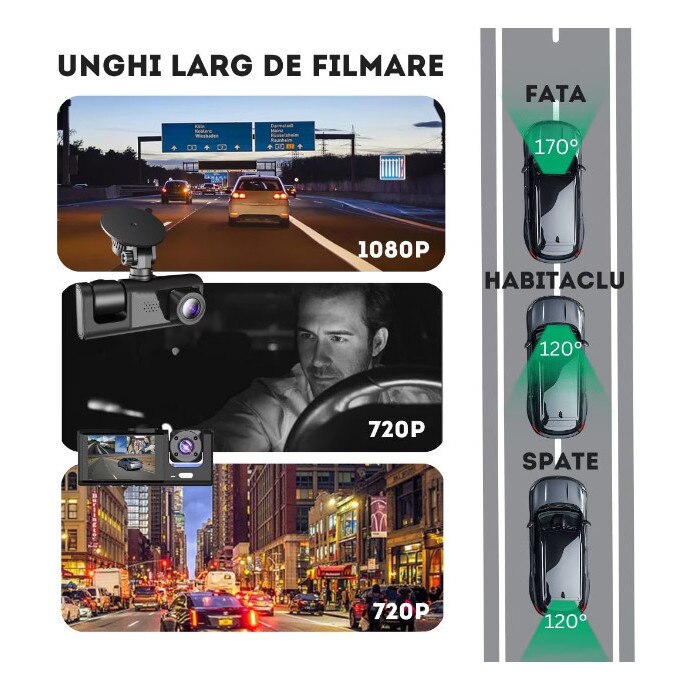 Camera Auto De Bord DVR HIGH PRO Full HD 1080P, 3 Lentile, Camp Vizual ...