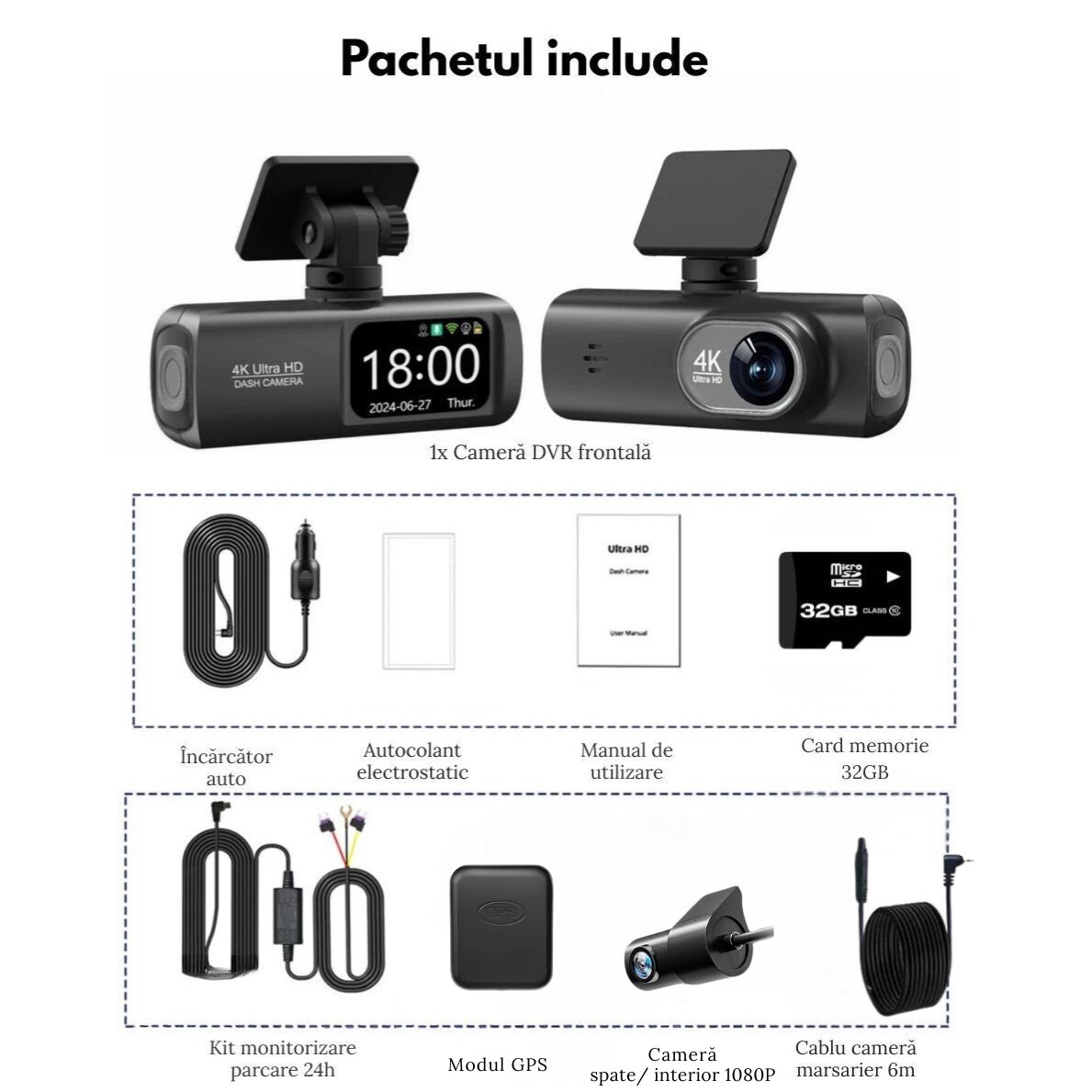 Camera de bord DVR V22 QOVU® Full Kit, GPS, Monitorizare parcare, Card ...