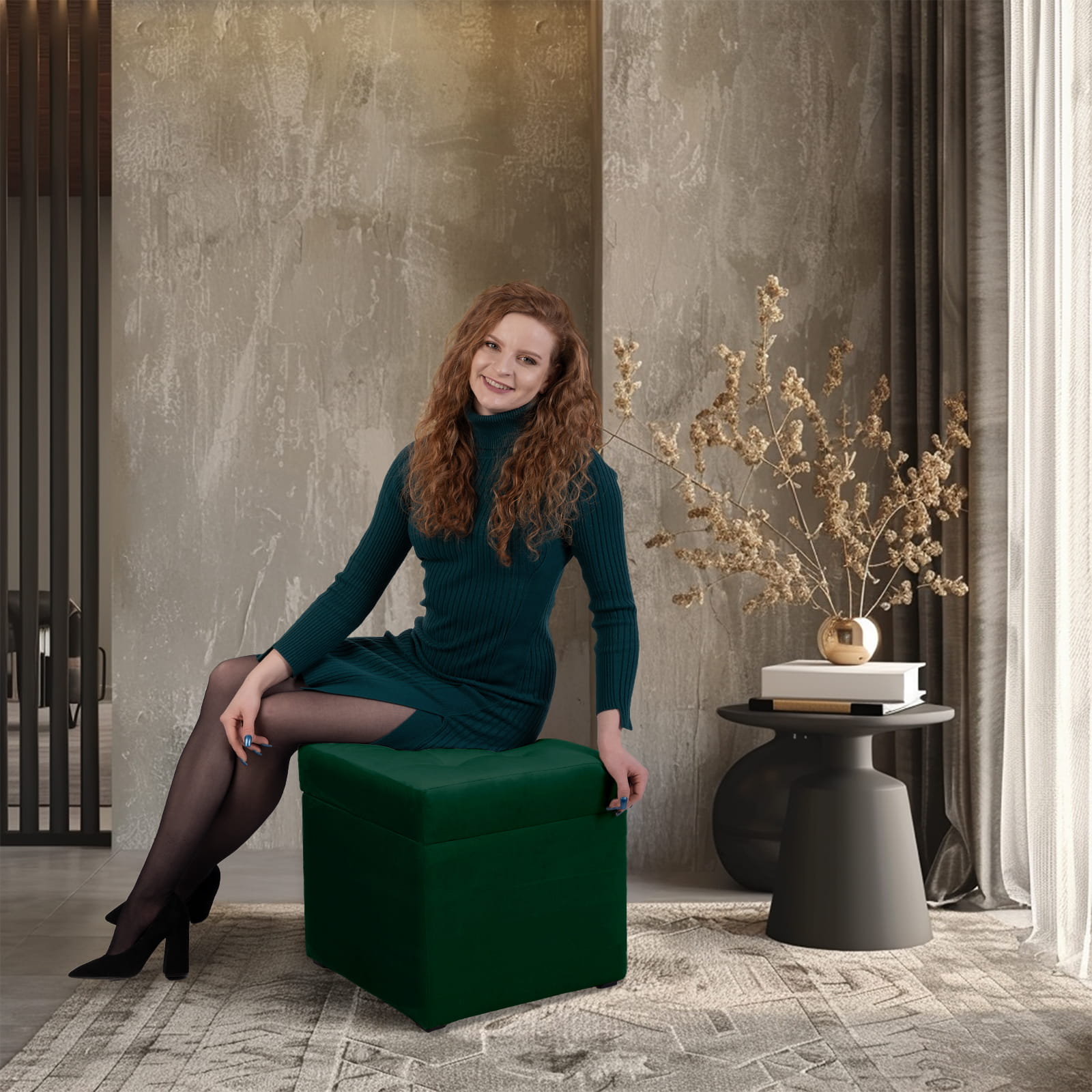 Taburet tapitat cu depozitare, 45x45 cm, verde inchis – puf elegant si ...