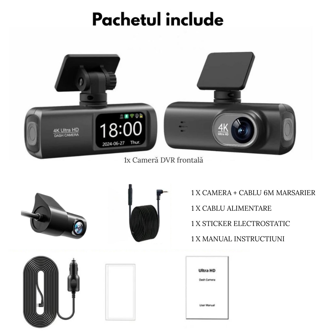 Camera de bord DVR V22 QOVU® 4K Fata 2K Interior / Spate, WiFi ...