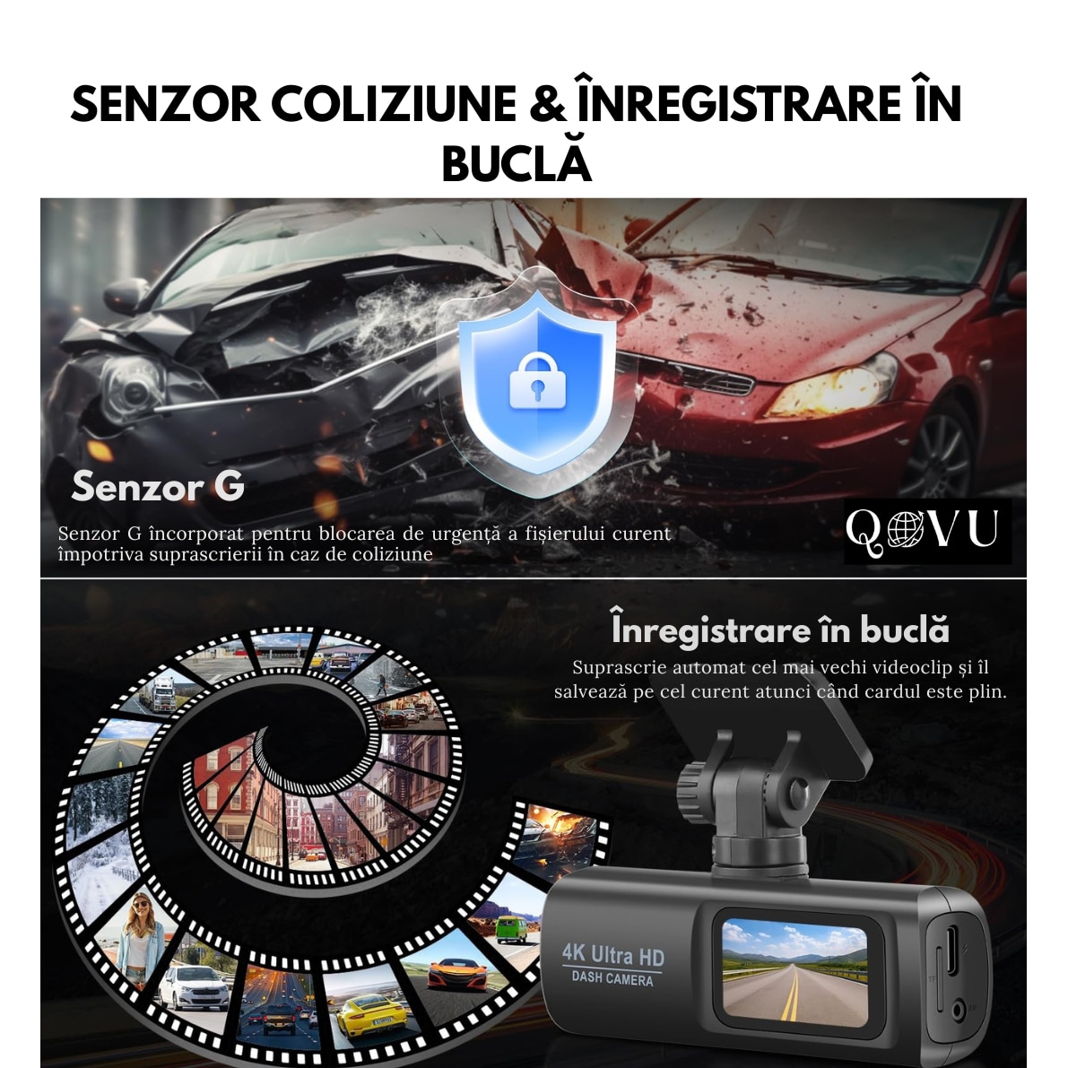 Camera de bord DVR V22 QOVU® Full Kit, GPS, Monitorizare parcare, Card ...