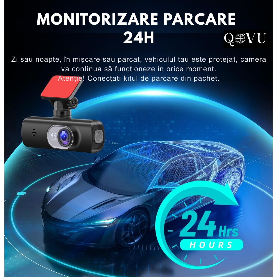 Camera de bord DVR V22 QOVU® Full Kit, GPS, Monitorizare parcare, Card 32GB incluse, 4K Fata ...