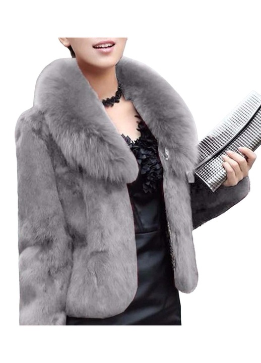 Geaca dama, blana artificiala, gri, eleganta, pufoasa, cu guler, set de ...