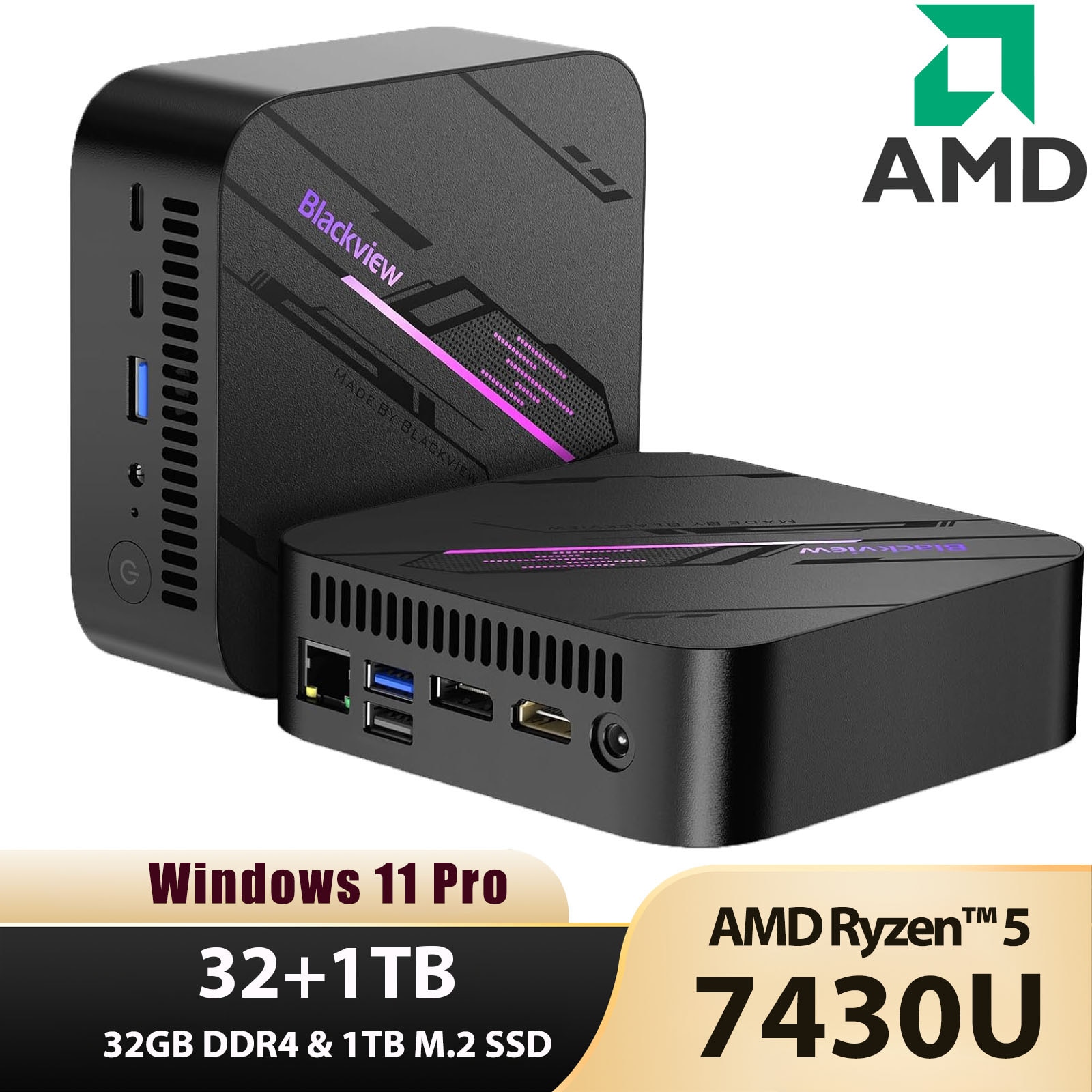 Mini PC Blackview MP100, AMD Ryzen5 7430U,32GB + 1TB,6 nuclee, Mini PC de gaming, Calculator ...